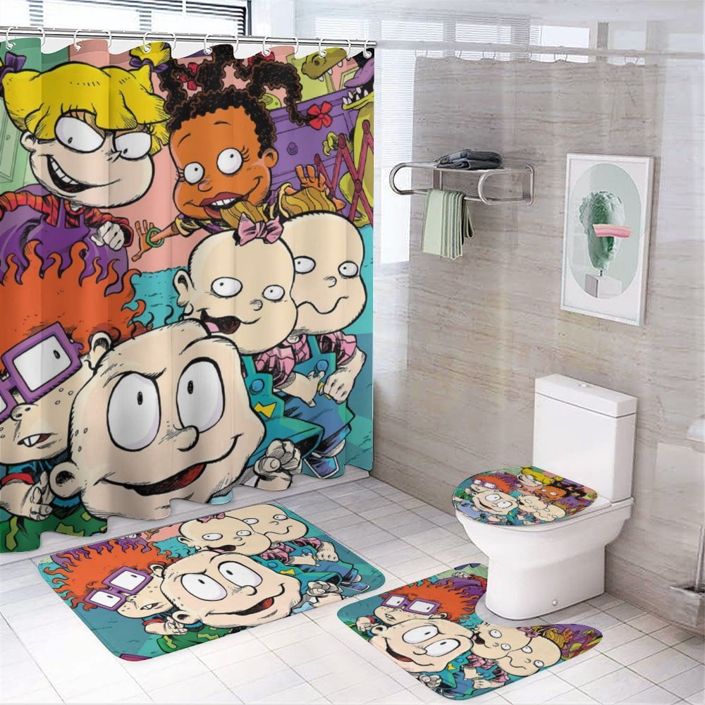 Rugrats 4 Piece Cartoon Shower Curtain Set with Non-Slip Rugs, Toilet ...
