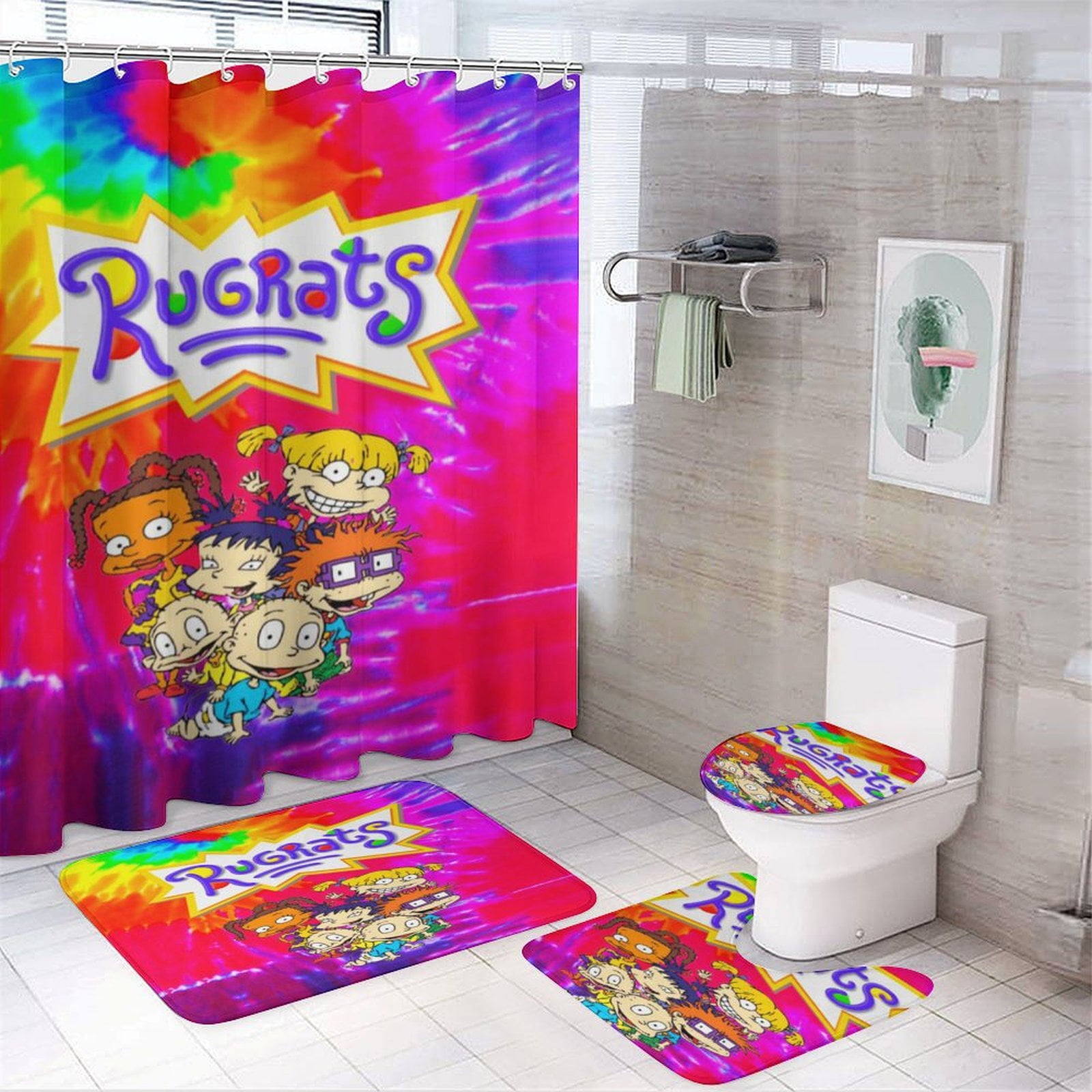 Rugrats Shower Curtain Set with Non-Slip Rug, Toilet Lid Cover, Bath ...