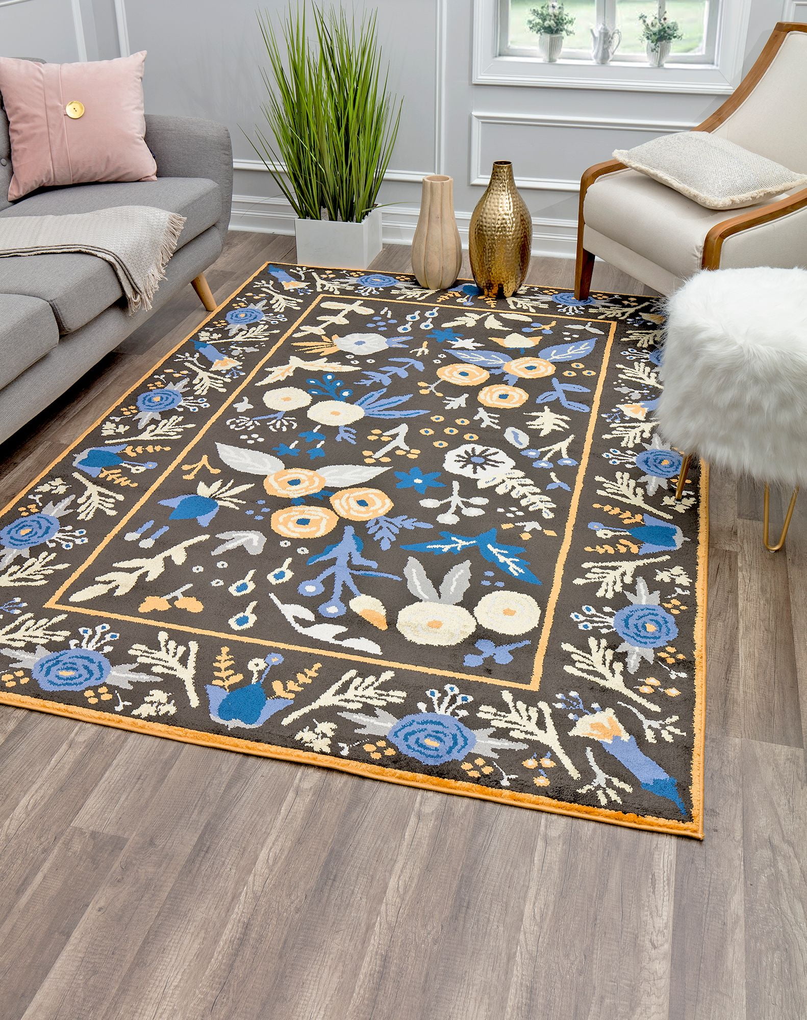 Rugs America Hanna Va30b Gardenia Golden Night Floral Transitional