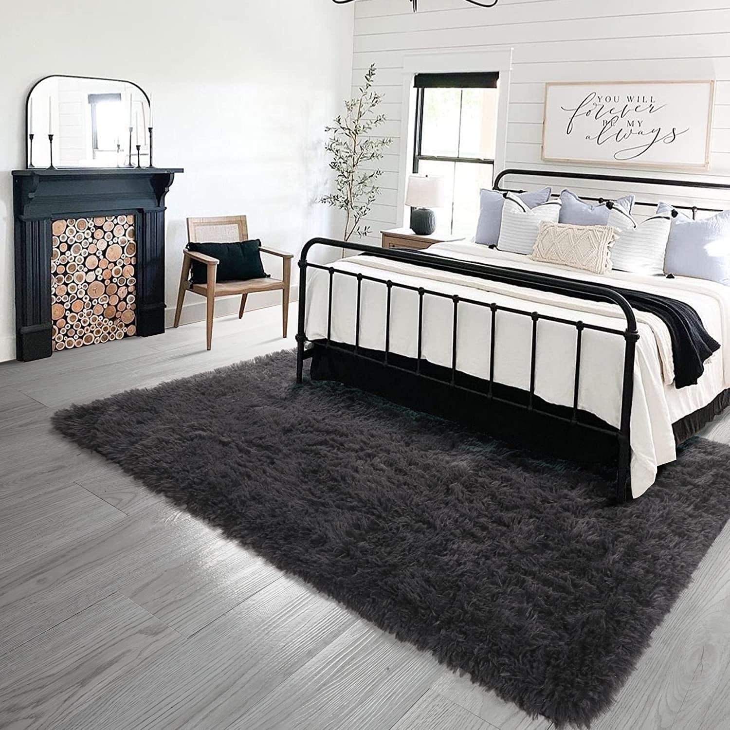 5x8 Feet Dark Grey Fluffy Area Rug, Large Plush Floor Rug, Anti-Skid ...