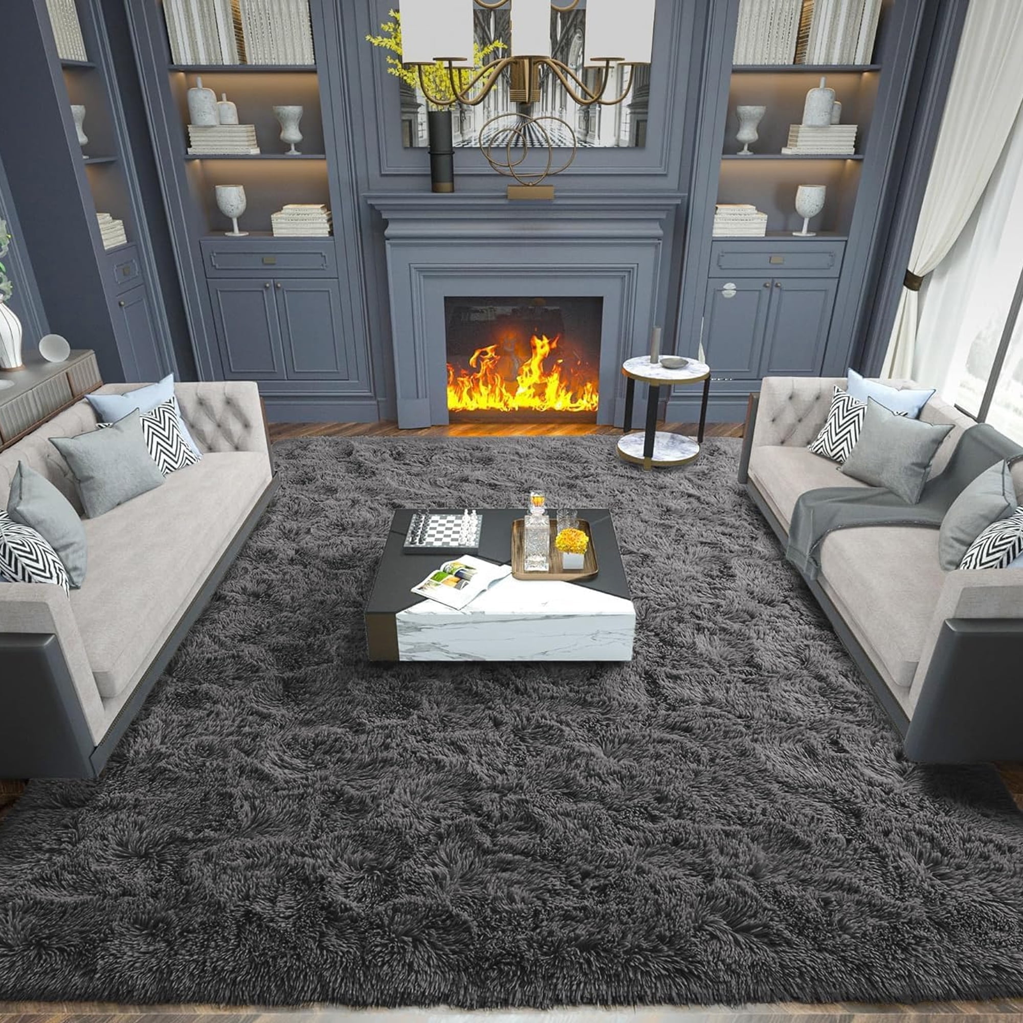 Large 8x10 Feet Dark Grey Fluffy Area Rug for Living Room, Bedroom ...