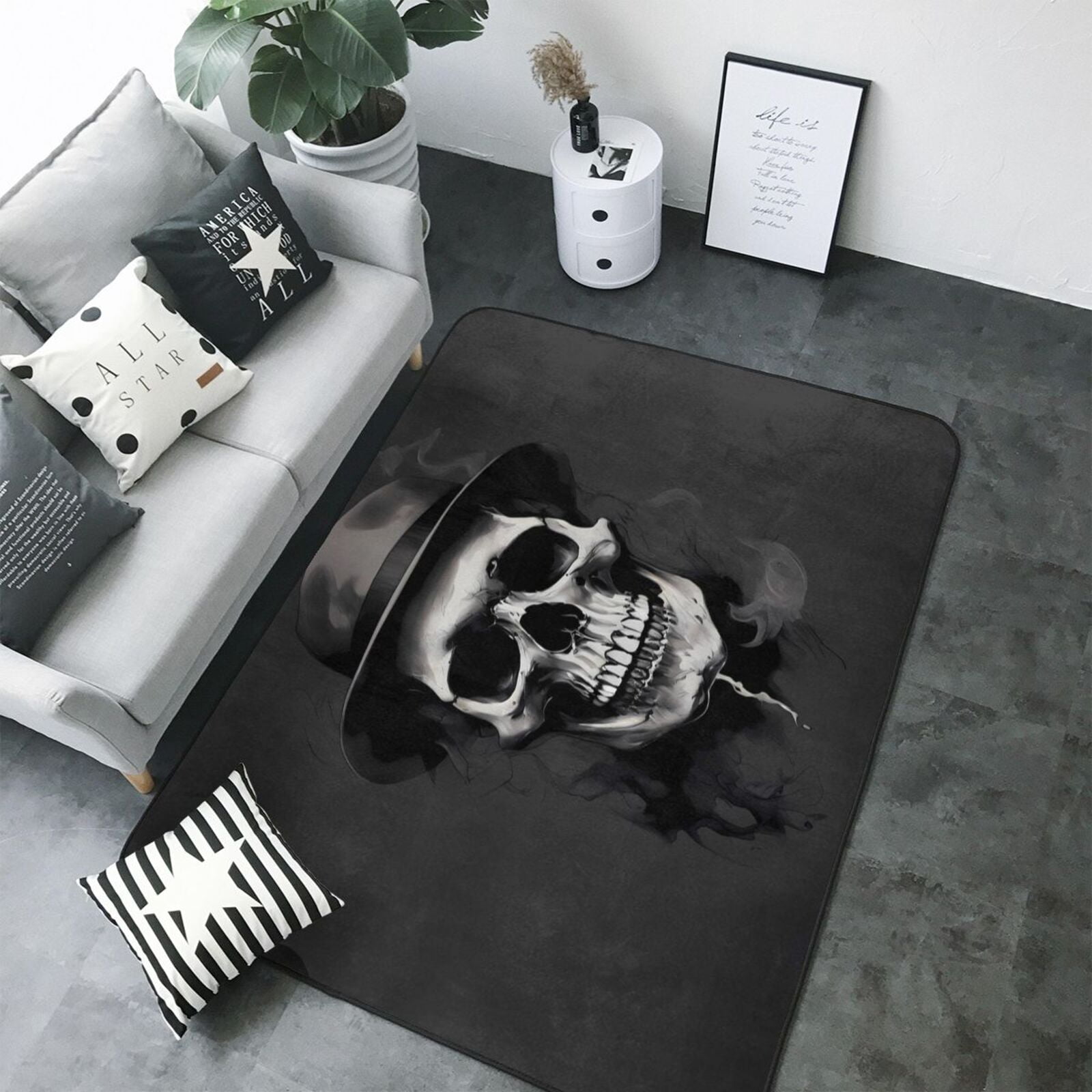 Rugs for Living Room - Black White Hat Skull Washable Non Slip 80×58 ...