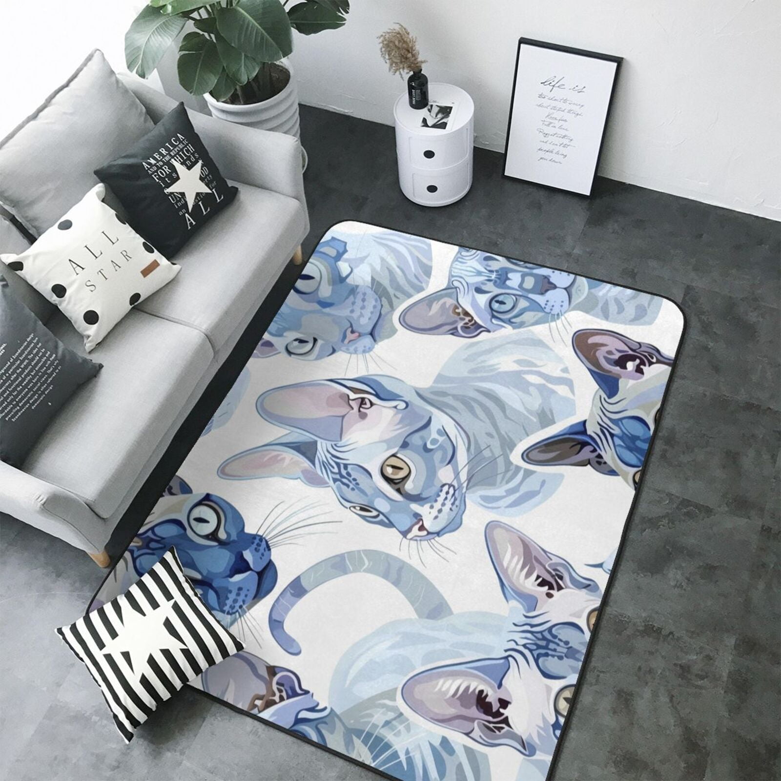 Rugs for Living Room - Blue Cats Illustration Pattern 80 × 58in Non ...