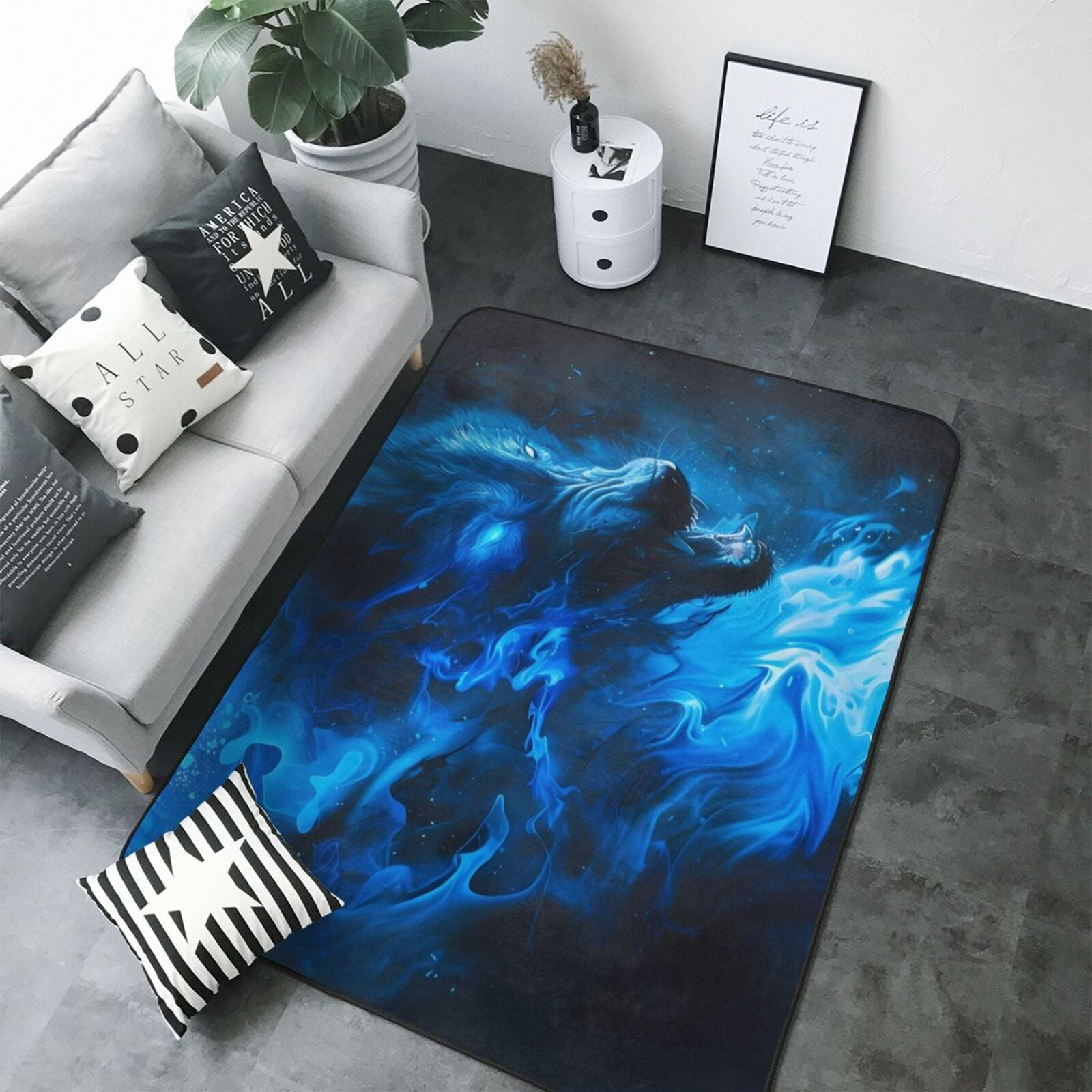 Rugs for Living Room - Blue Fire Cool Wolf Washable Non Slip 80×58 Area ...