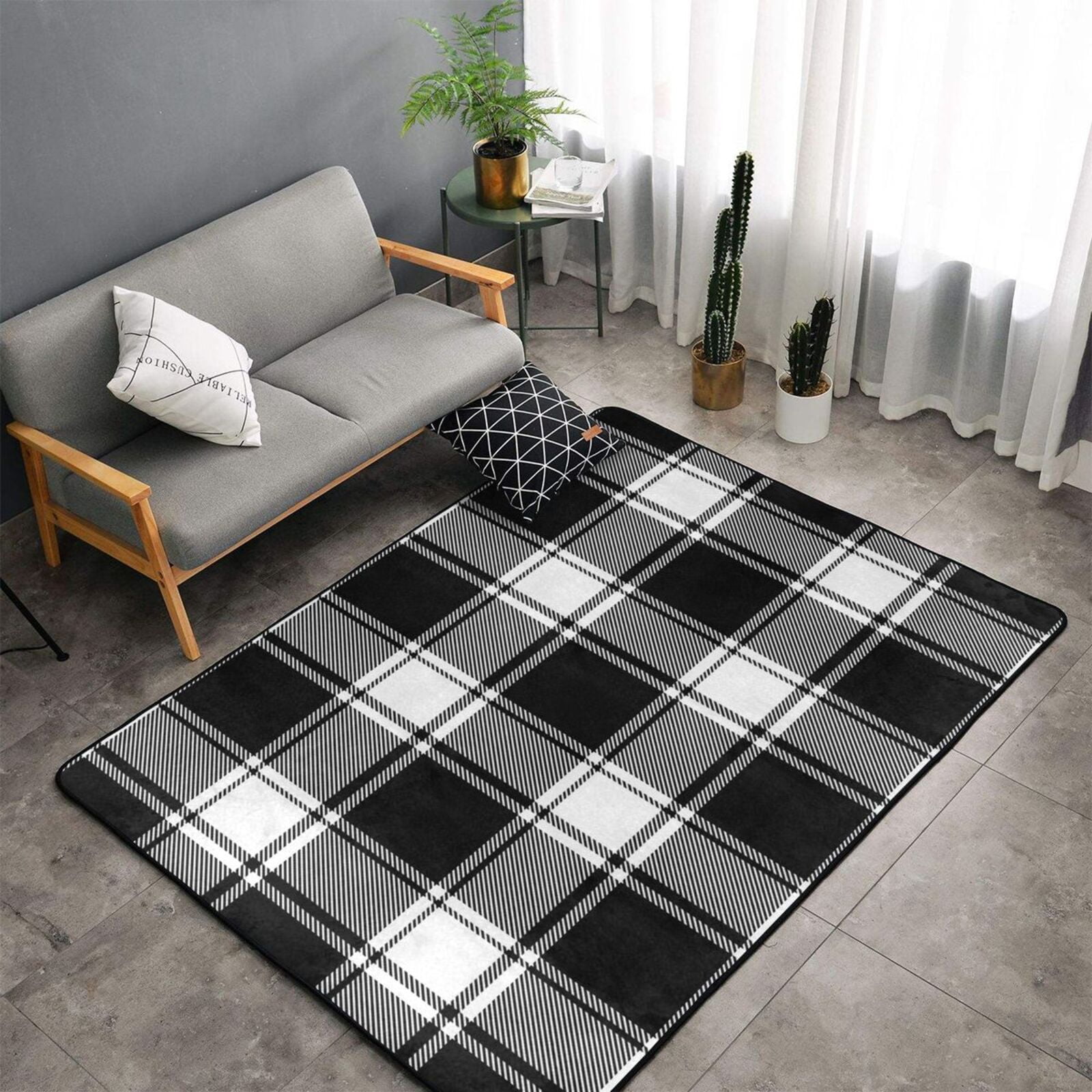 Rugs for Living Room - Buffalo check plaid white black Washable Non ...