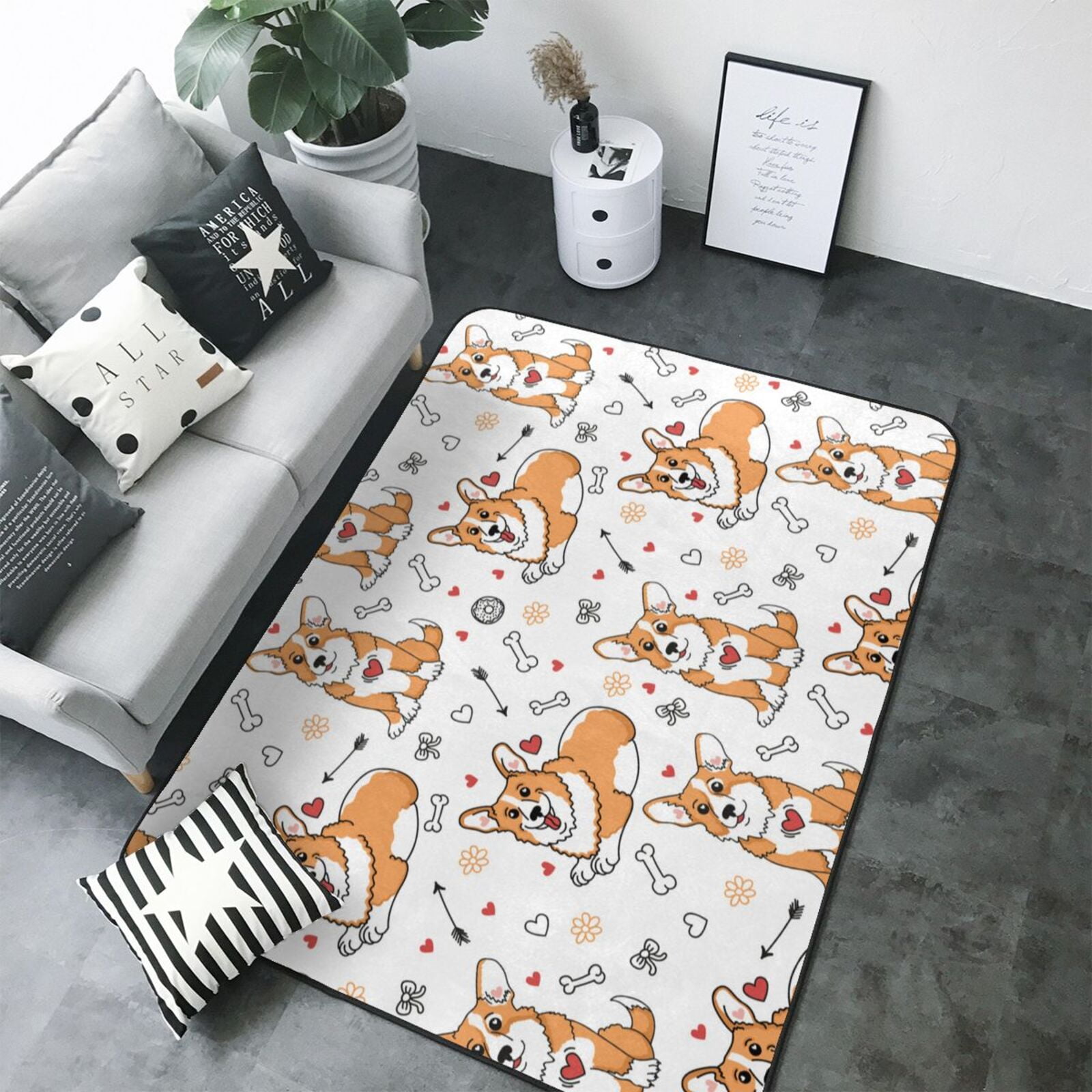 Rugs for Living Room - Cartoon Cute Corgi Dog Love Washable Non Slip 80 ...