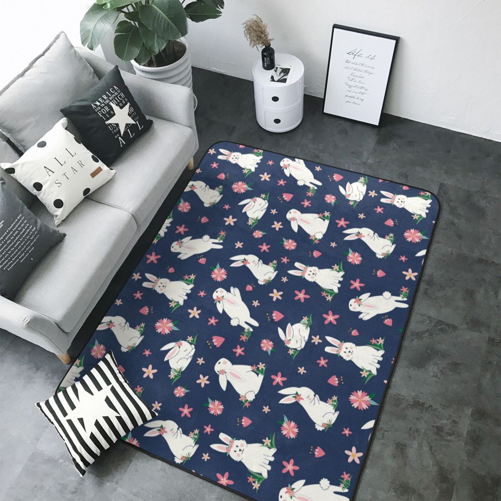 Rugs for Living Room - Cartoon Cute Rabbit Flower Washable Non Slip 80× ...
