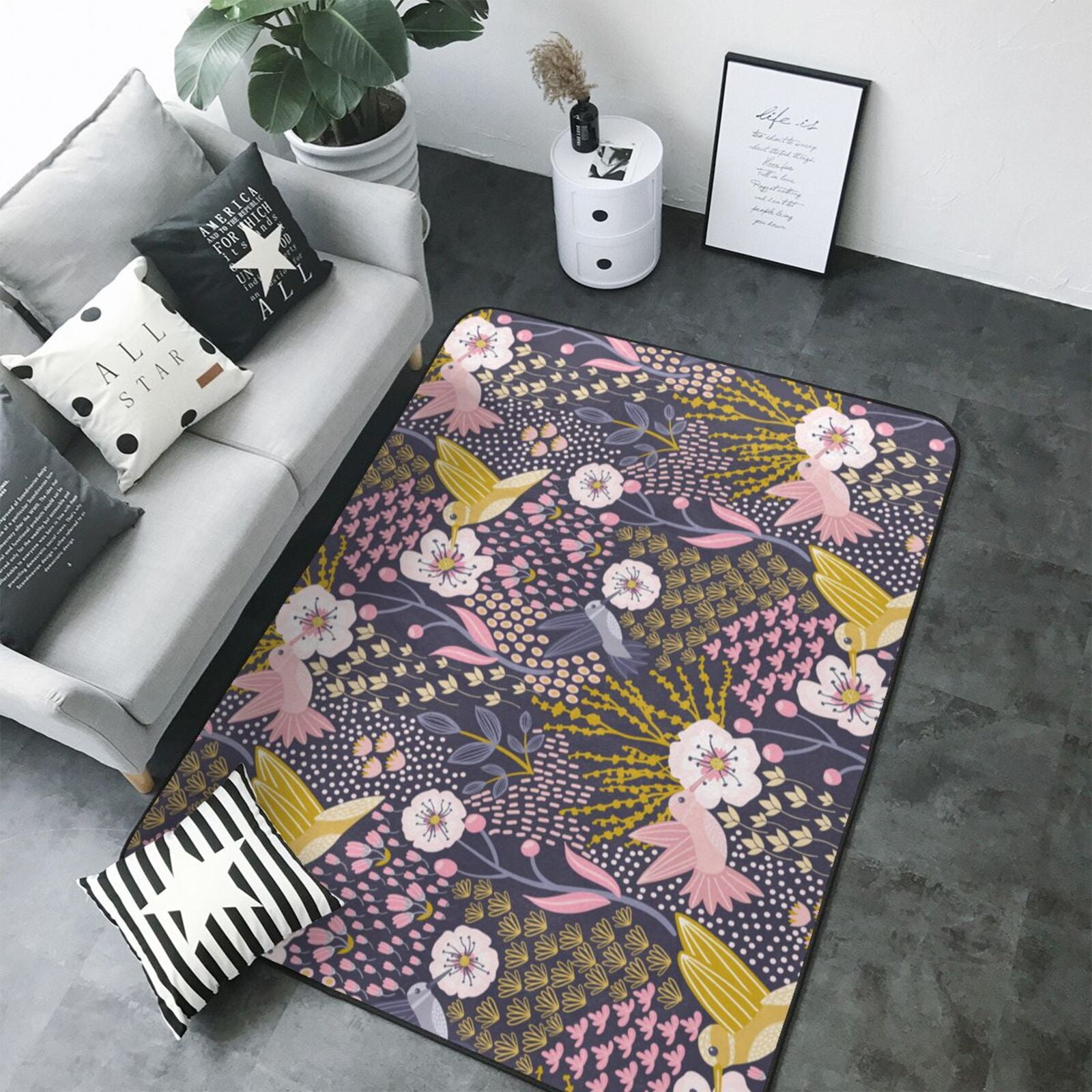 Rugs for Living Room - Cartoon Hummingbird Flower Washable Non Slip 80× ...