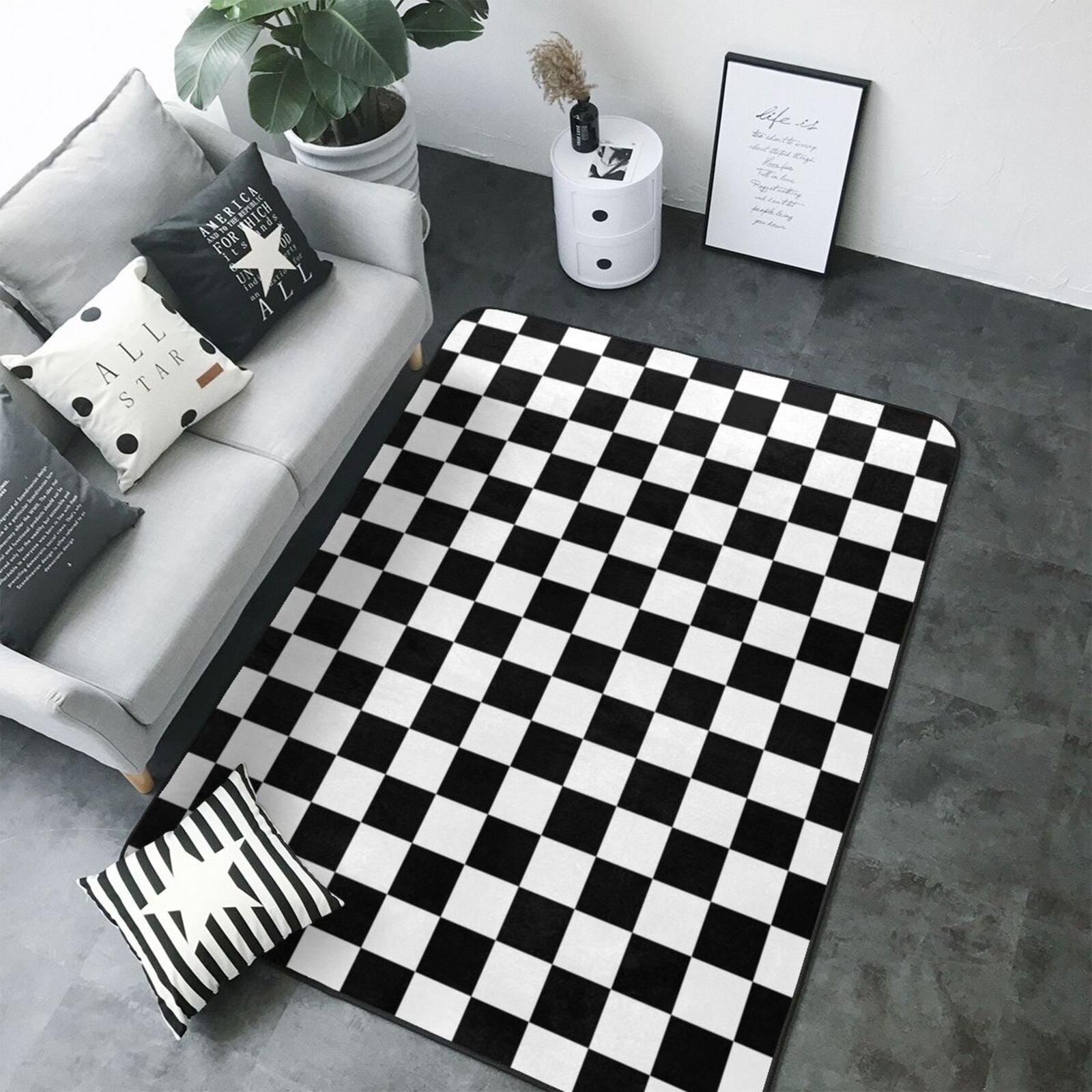 Rugs for Living Room - Chessboard Checkerboard black white Washable Non ...