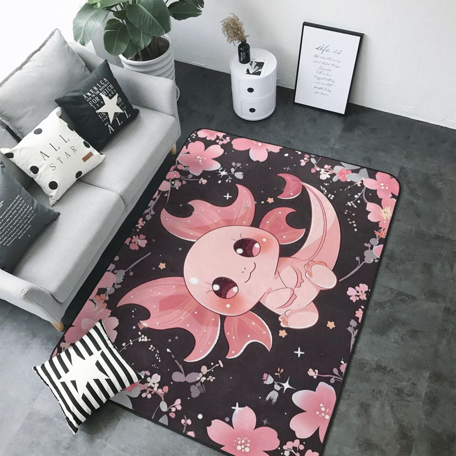 Rugs for Living Room - Chibi Axolotl Flower Fantasy Washable Non Slip ...