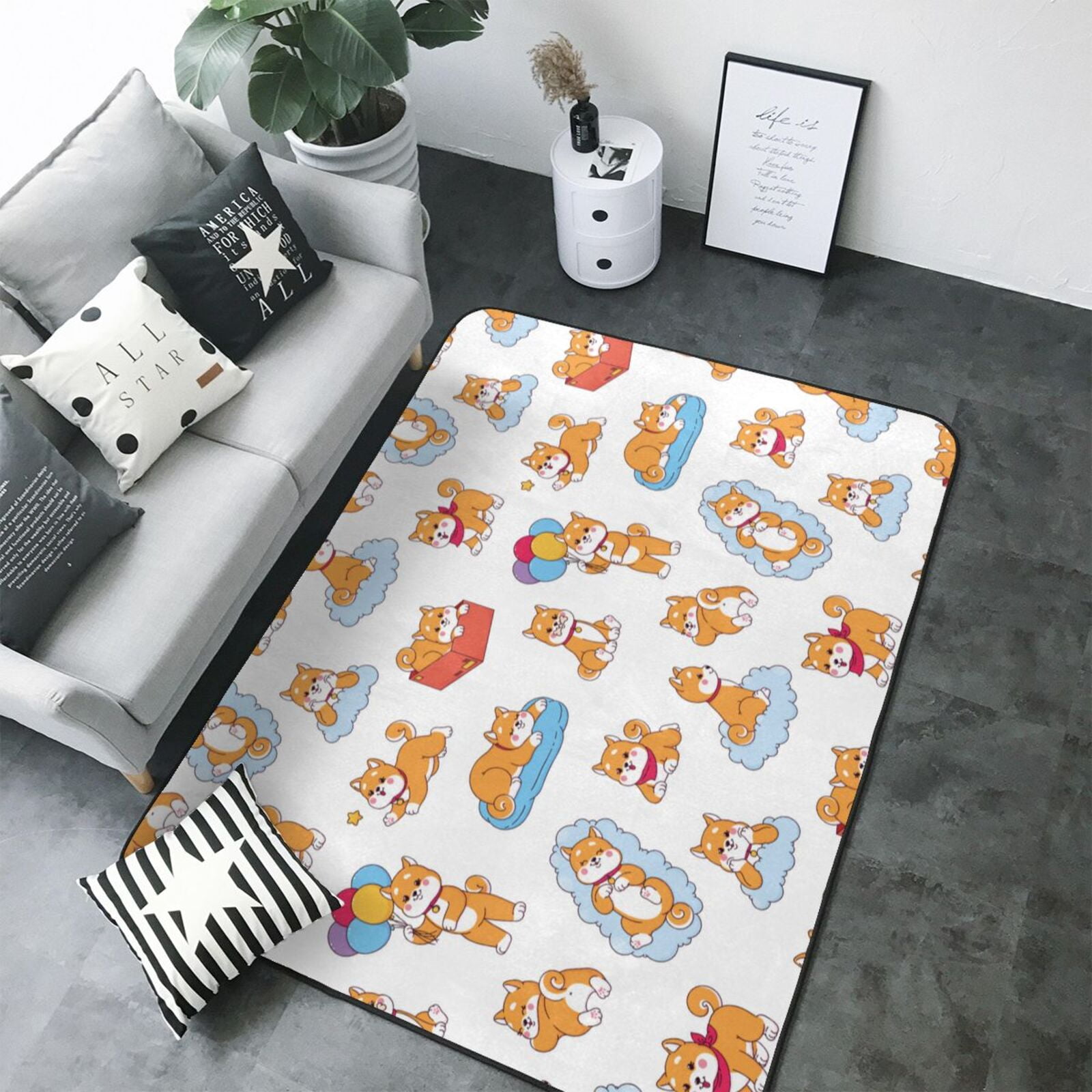Rugs for Living Room - Cute Cartoon Corgi Balloon Box Washable Non Slip ...