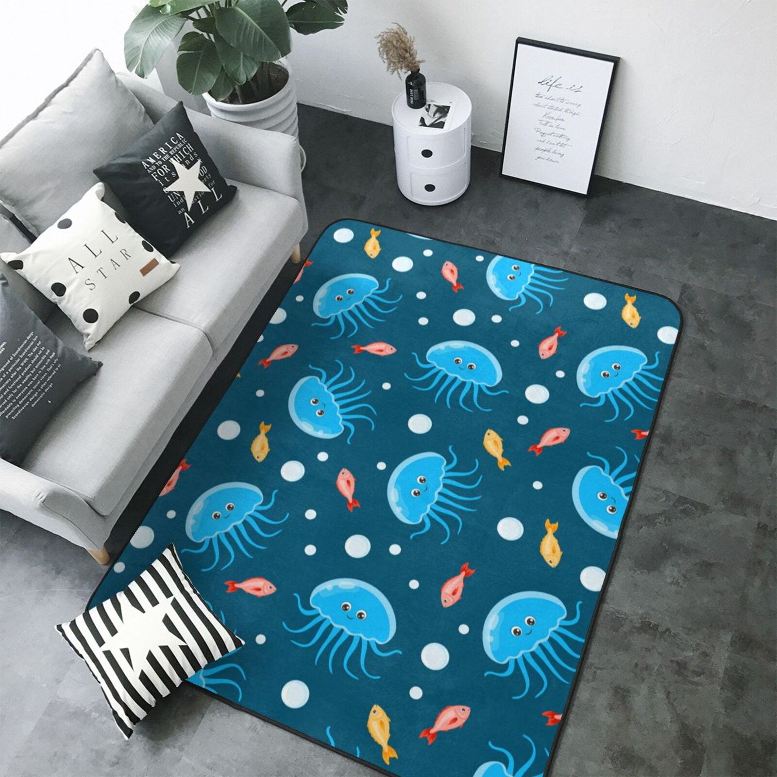 Rugs for Living Room - Cute Fish Blue Jellyfish Washable Non Slip 80×58 ...