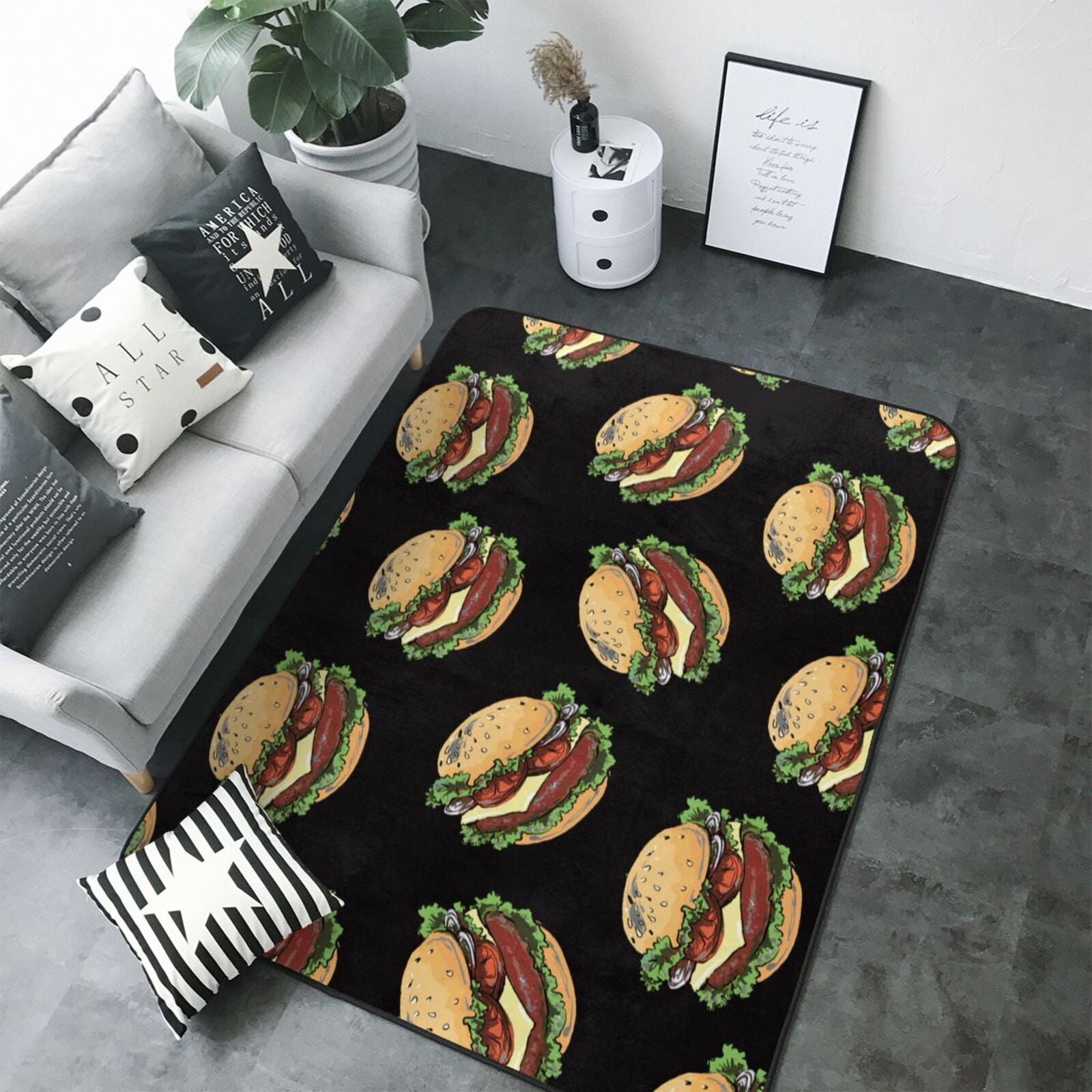 Rugs for Living Room - Cute Hamburger Black Washable Non Slip 80×58 ...