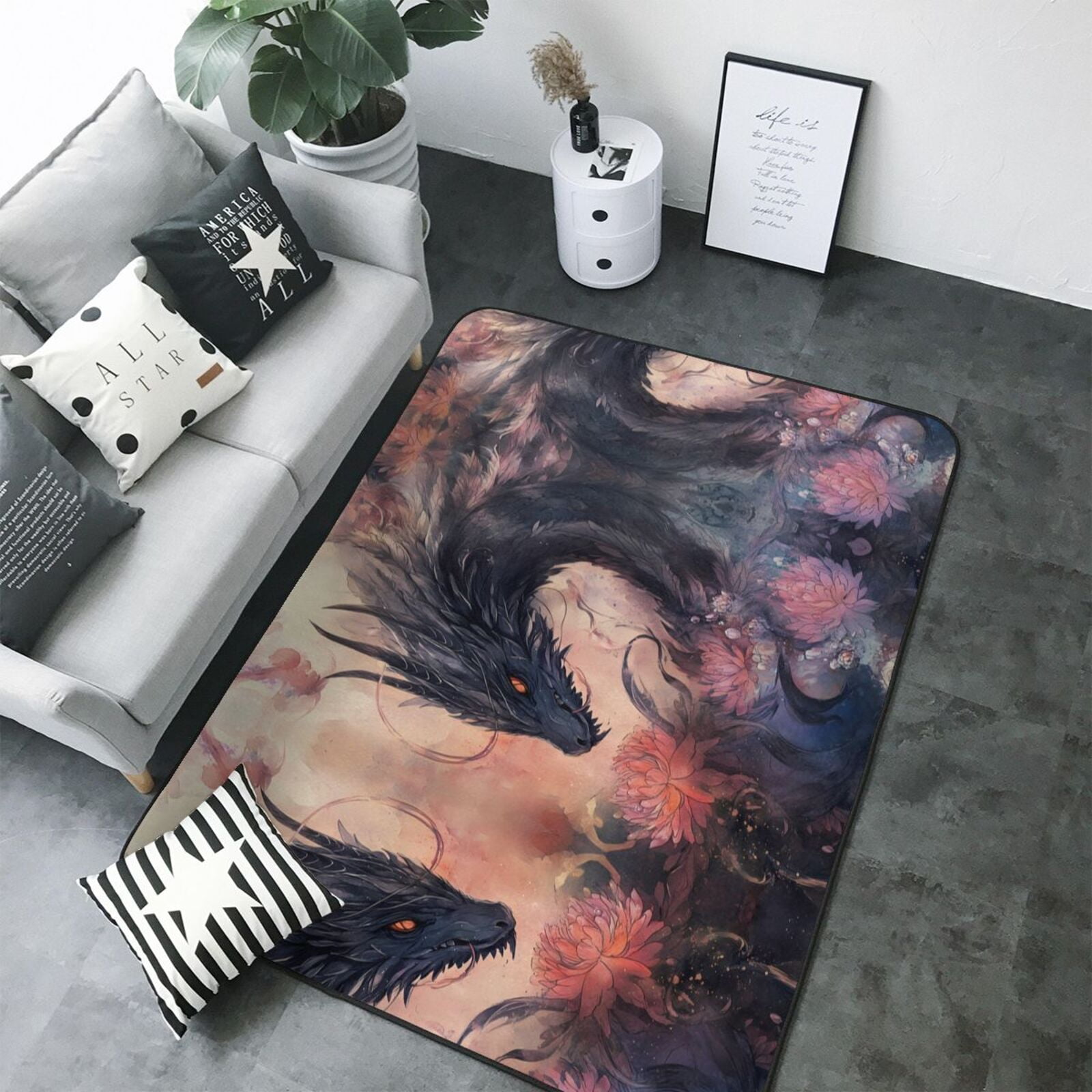 Rugs for Living Room - Dark Dragon Floral Fantasy Washable Non Slip 80× ...