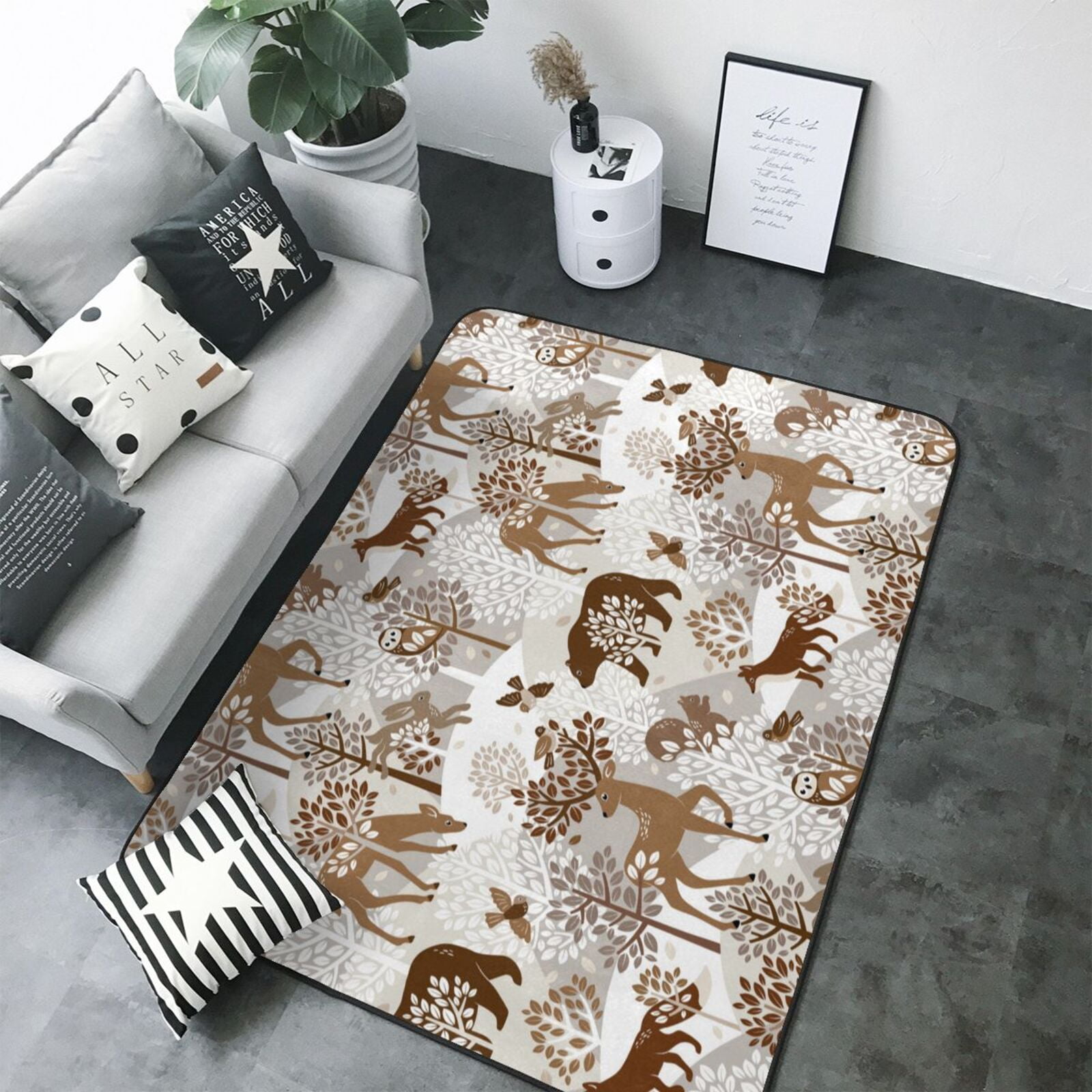 Rugs for Living Room - Deer Bear Fox Owl Rabbit Bird Tree Washable Non ...