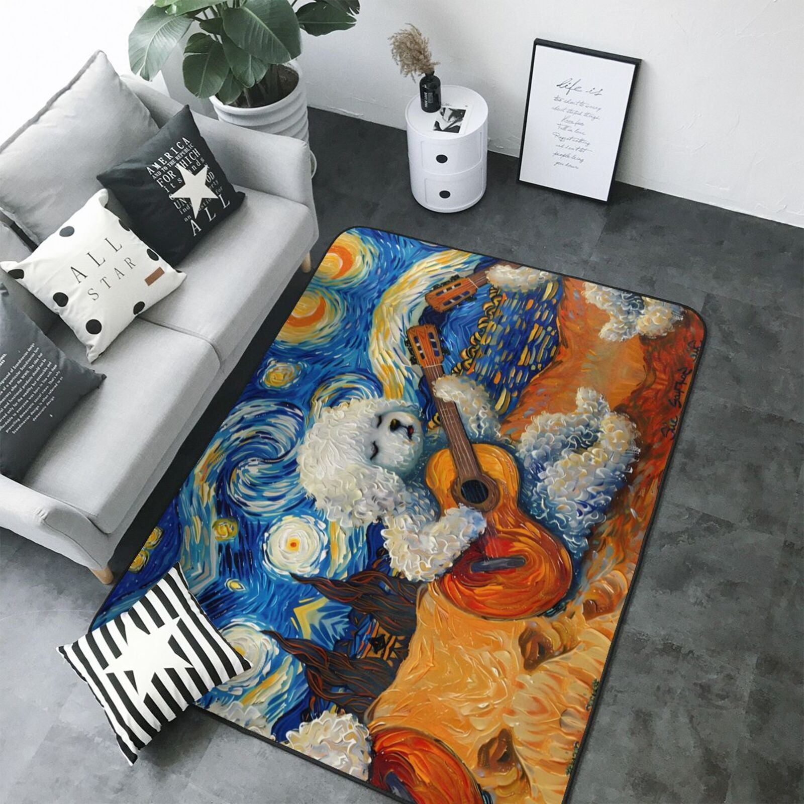 Rugs for Living Room - Dog Guitar Starry Night Washable Non Slip 80×58 ...