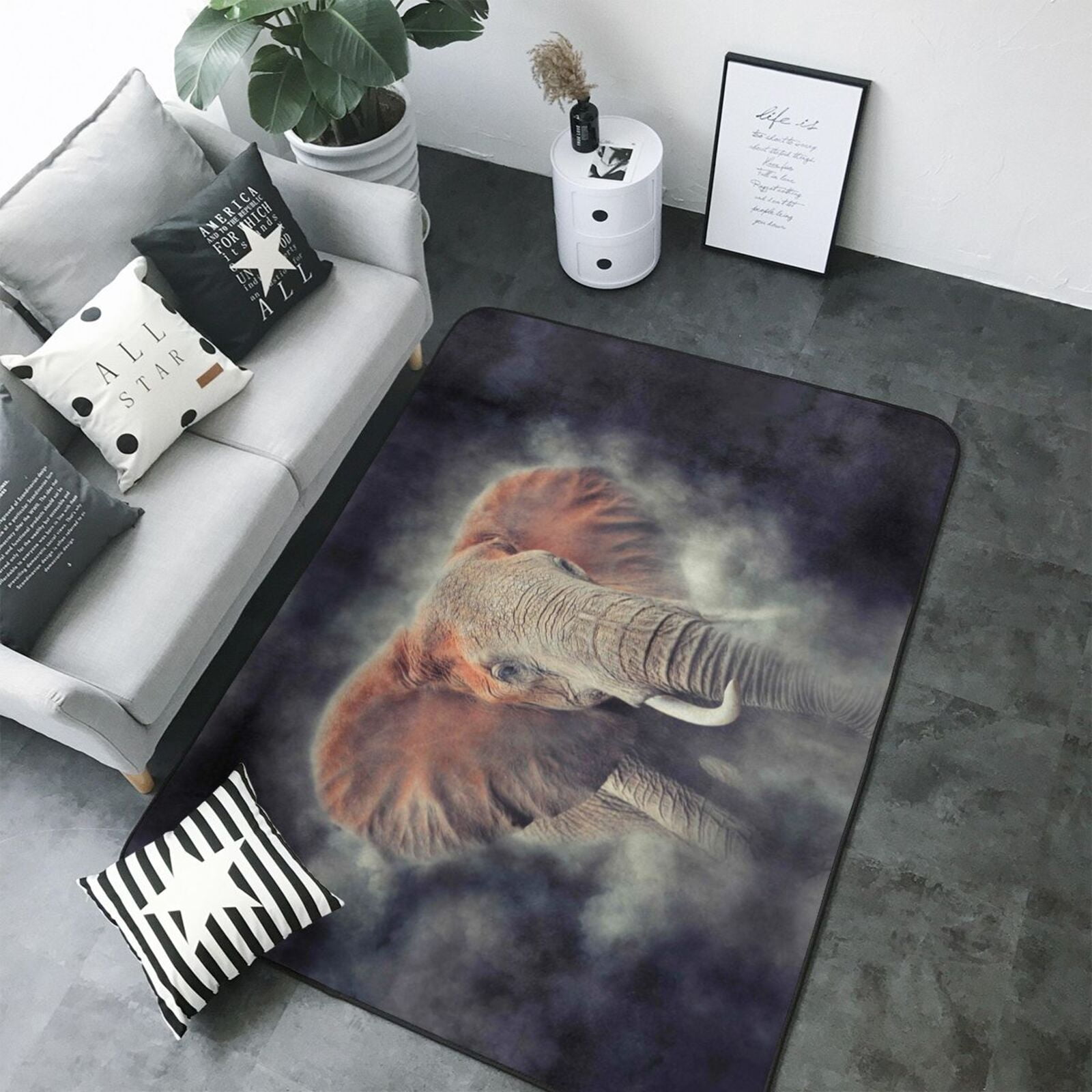 Rugs for Living Room - Elephant in Smoke Washable Non Slip 80×58 Area ...