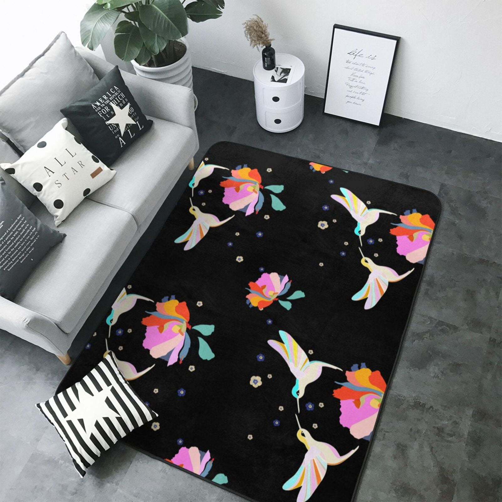 Rugs for Living Room - Flower Hummingbird Black Washable Non Slip 80×58 ...
