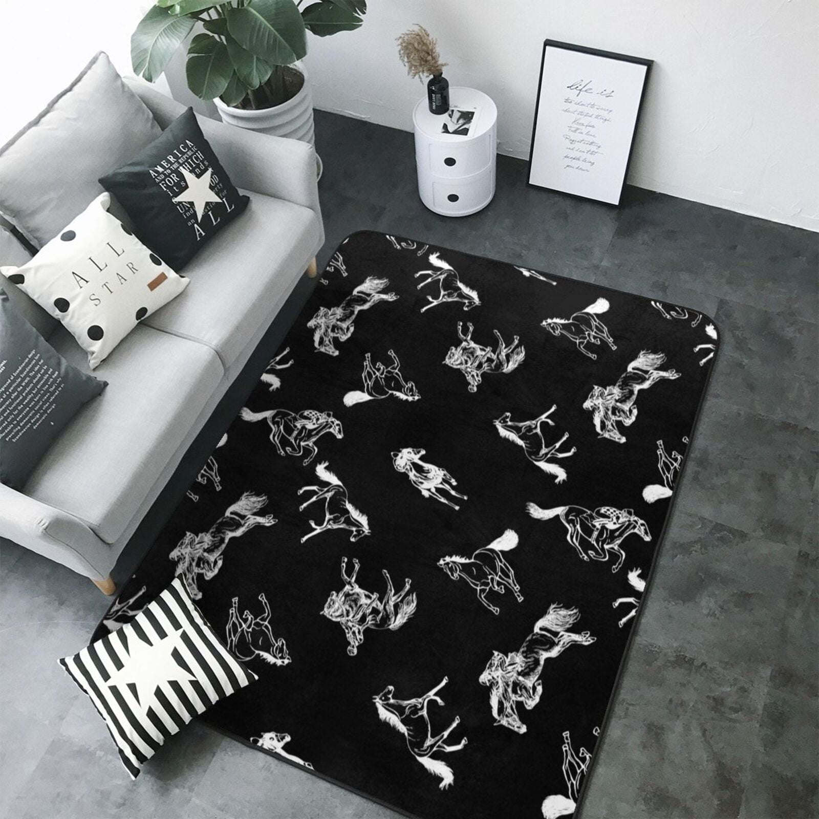 Rugs for Living Room - Minimalist Sketch Knight Horse Washable Non Slip ...