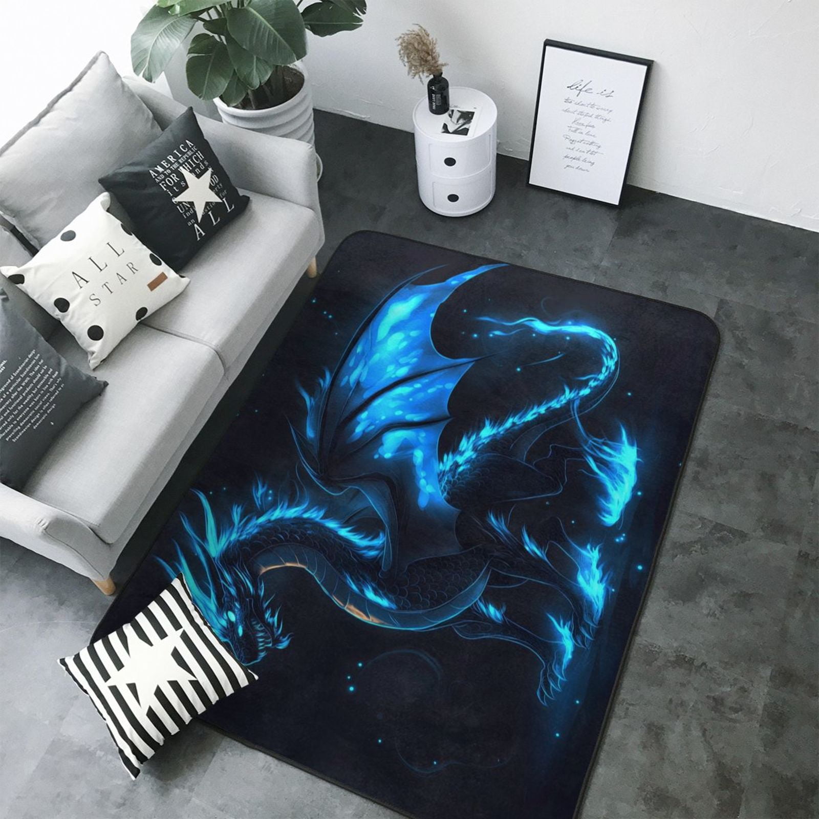 Rugs for Living Room - Neon Blue Dragon Flames Washable Non Slip 80×58 ...