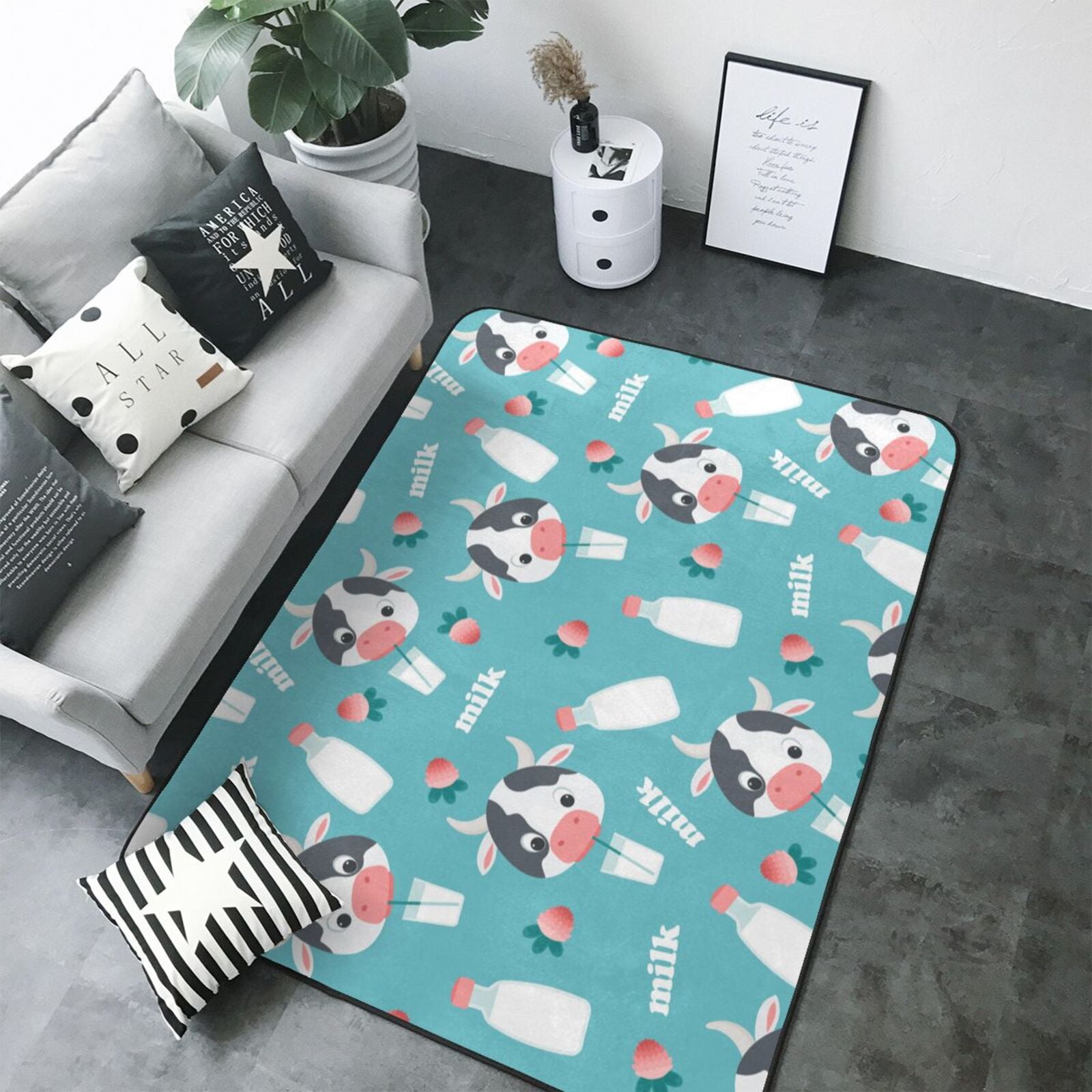 Rugs for Living Room - Peppy Cute Cow Strawberry Milk Washable Non Slip ...