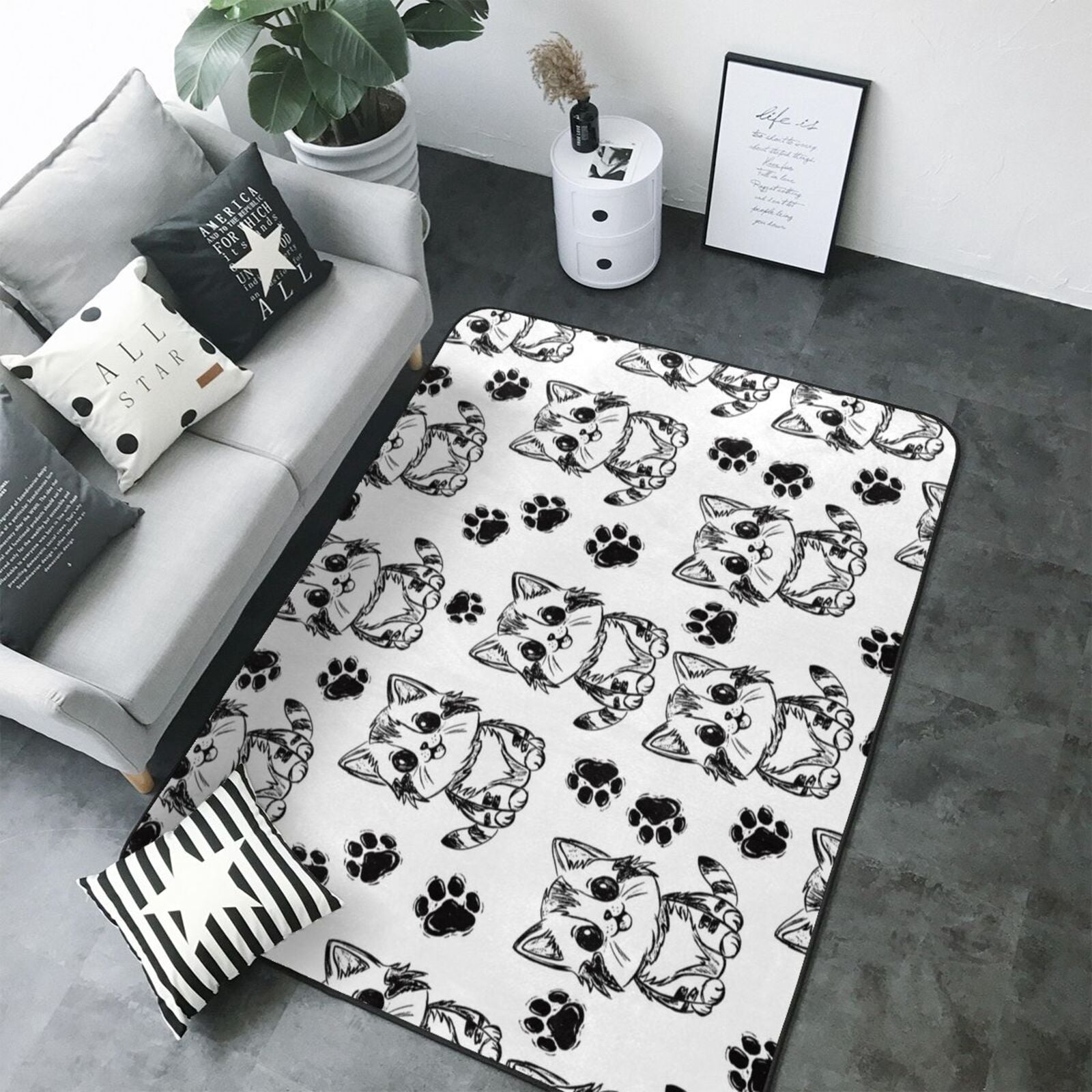 Rugs for Living Room - Sketch Cartoon Cat and Cat Paw Washable Non Slip ...