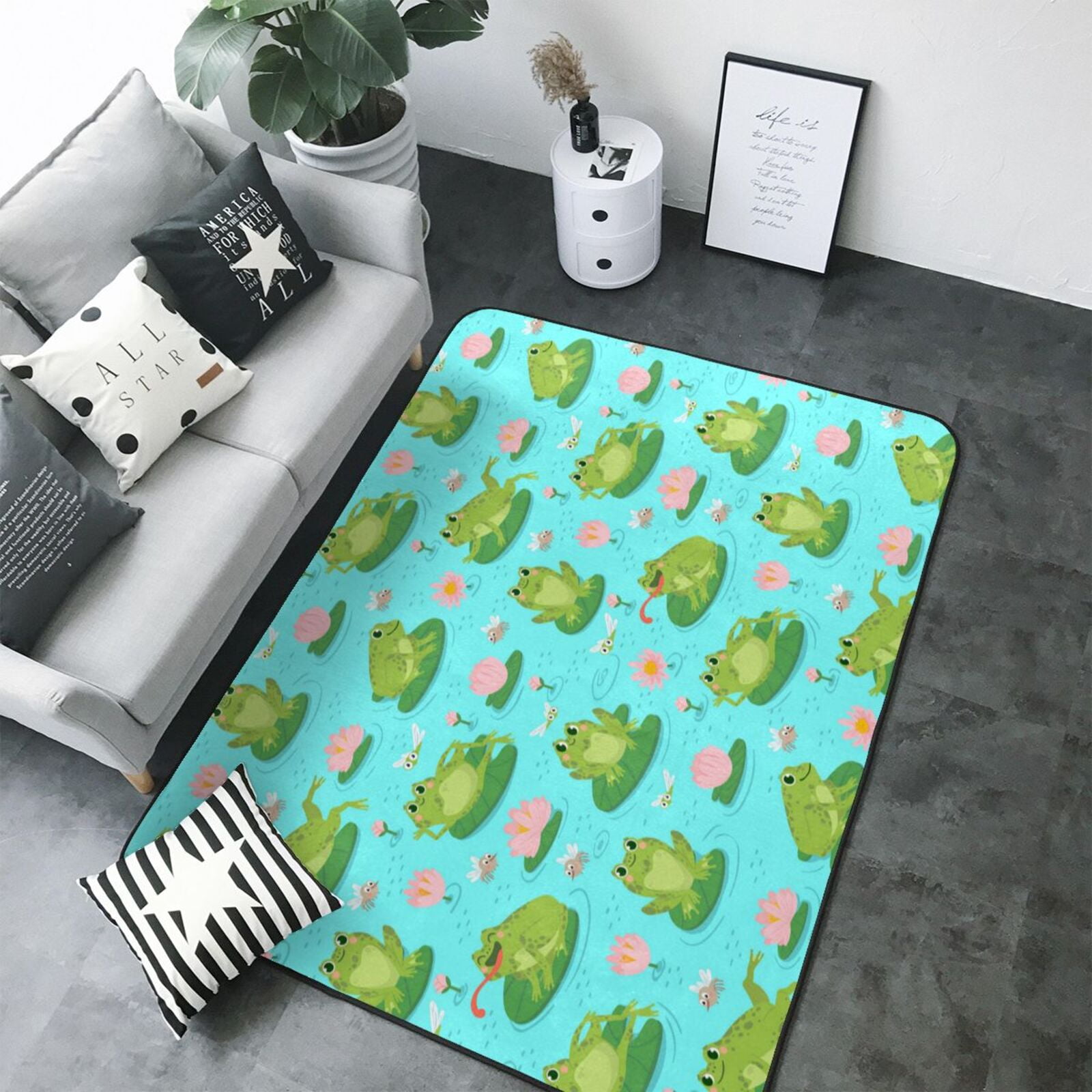 Rugs for Living Room - cute frogs Lily leaves dragonfly Washable Non ...