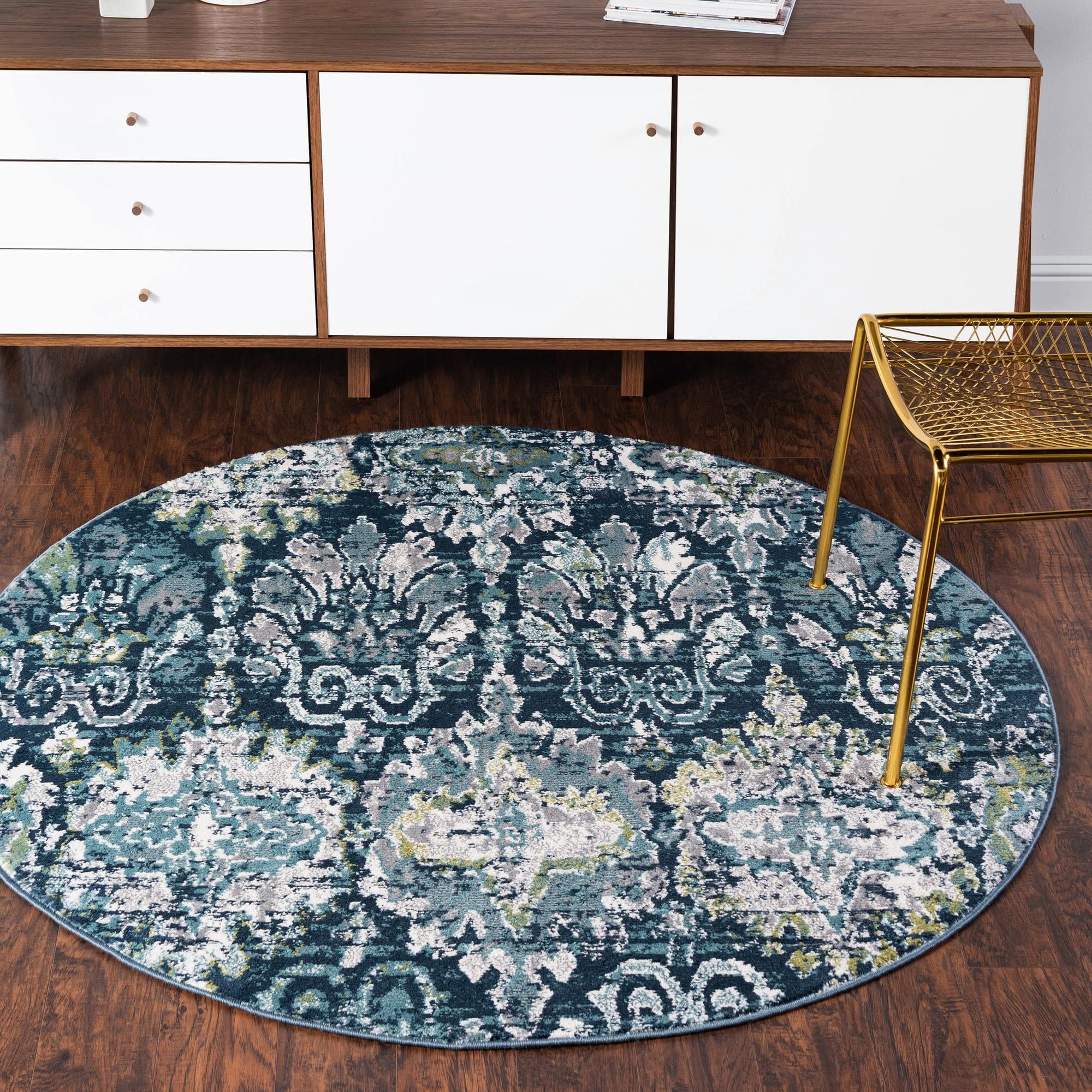 Rugs.com Charleston Collection Rug – 5 Ft Round Navy Blue Low-Pile Rug ...