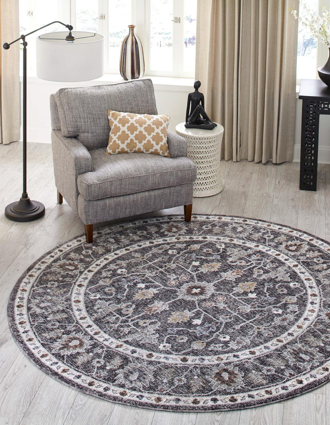 Rugs.com Eco Traditional Collection Rug – 3 Ft Round Charcoal Gray ...