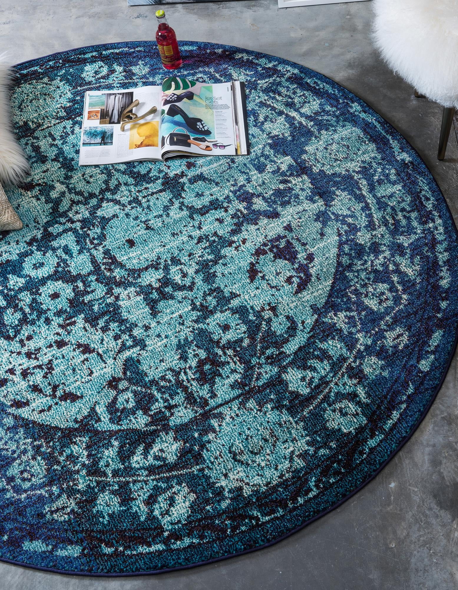 Rugs.com Fleur Collection Rug – 3' Round Blue Medium-Pile Rug Perfect ...