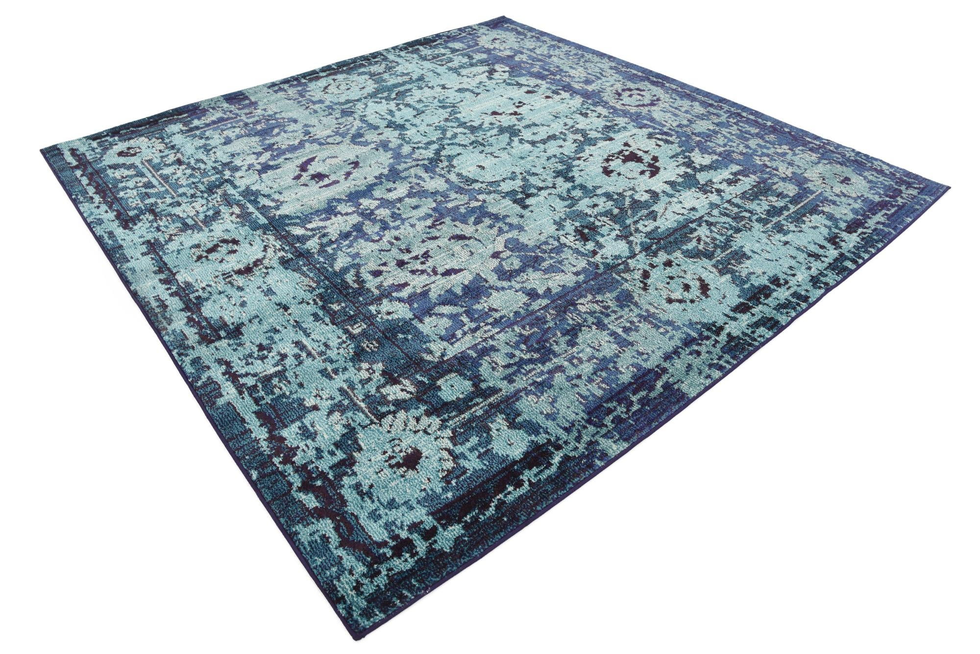 Rugs.com Fleur Collection Rug – 8' Square Blue Medium-Pile Rug Perfect ...