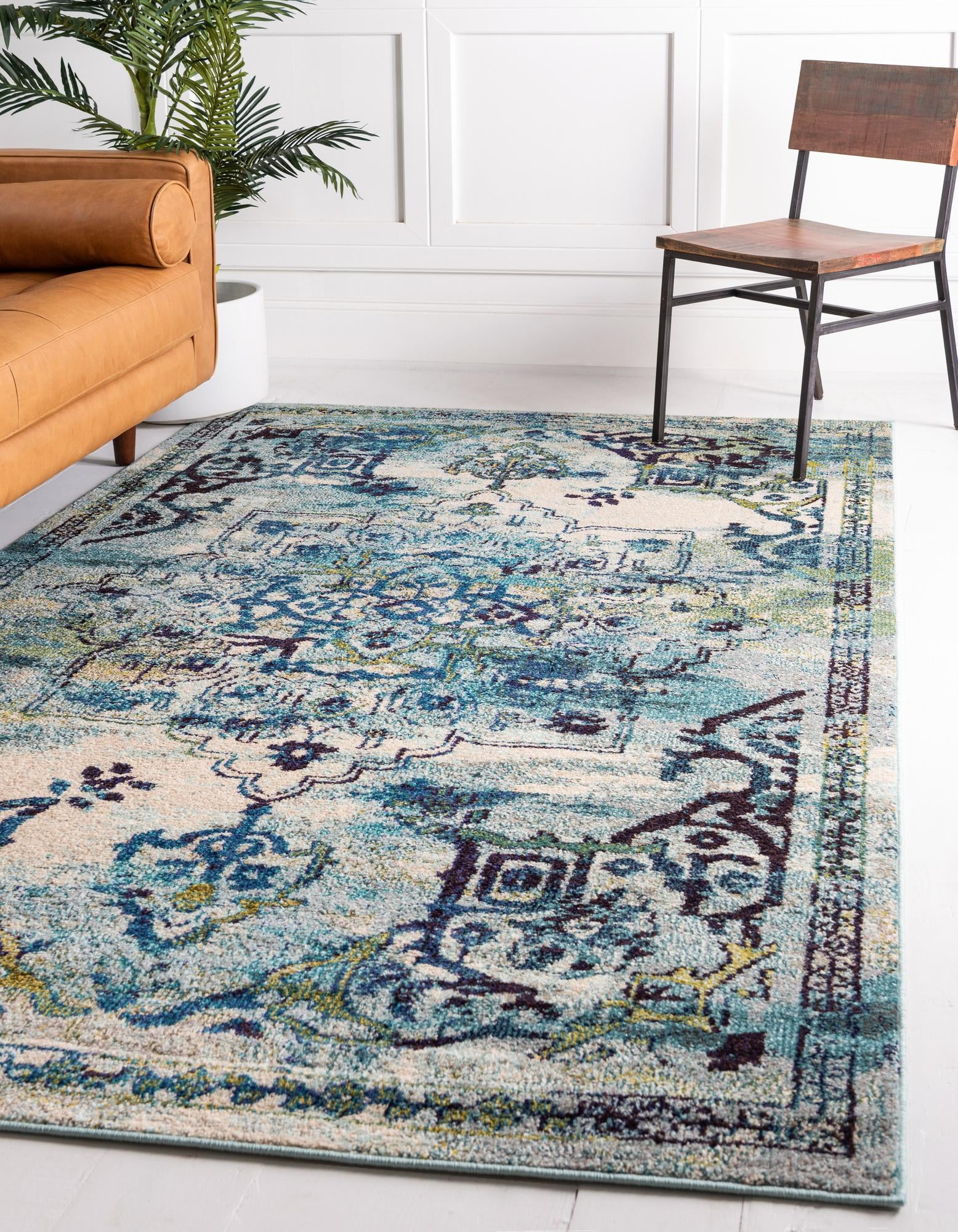 Rugs.com Fleur Collection Rug – 8' x 10' Blue Medium-Pile Rug Perfect ...