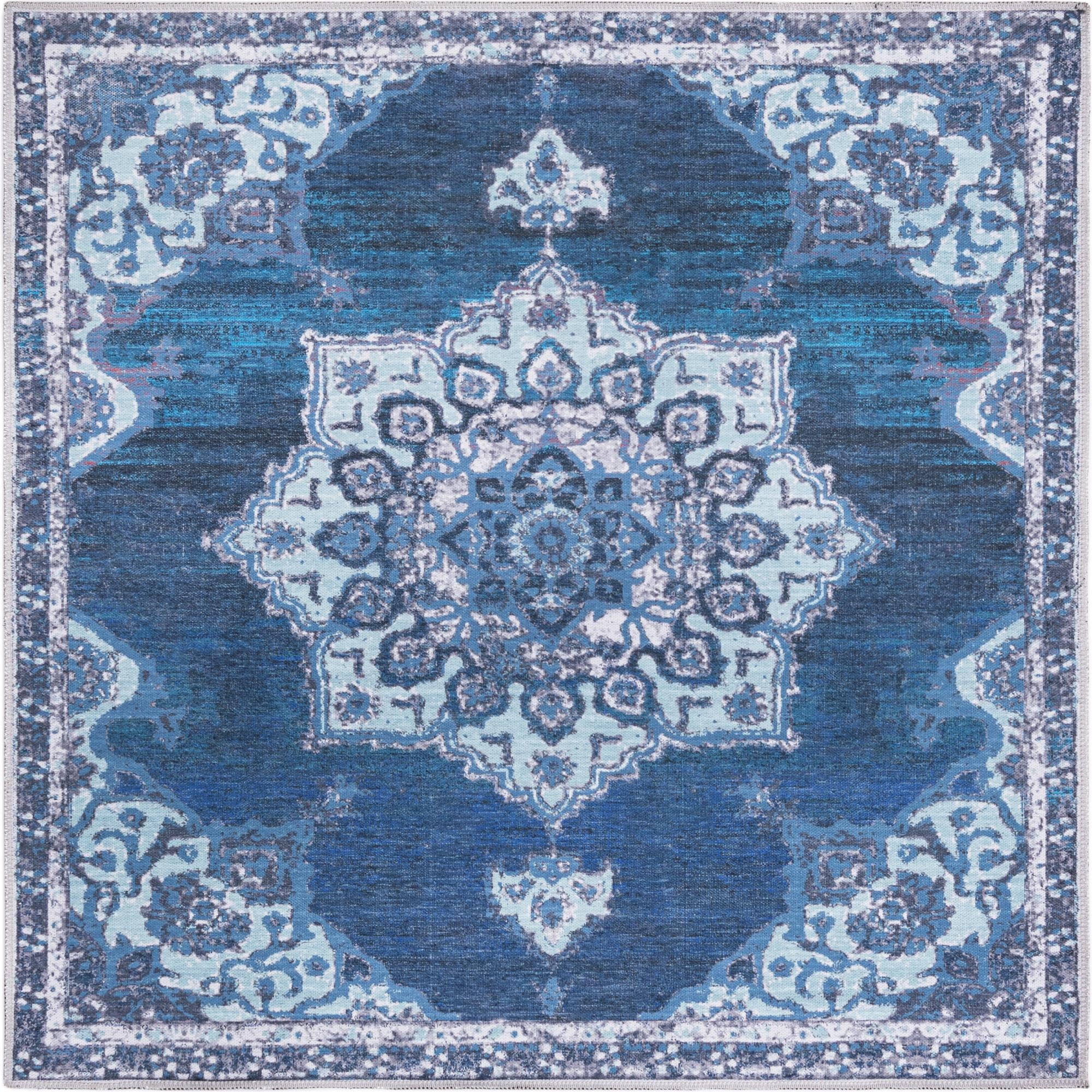 Rugs.com Francesca Collection Washable Rug – 5 Ft Square Navy Blue ...