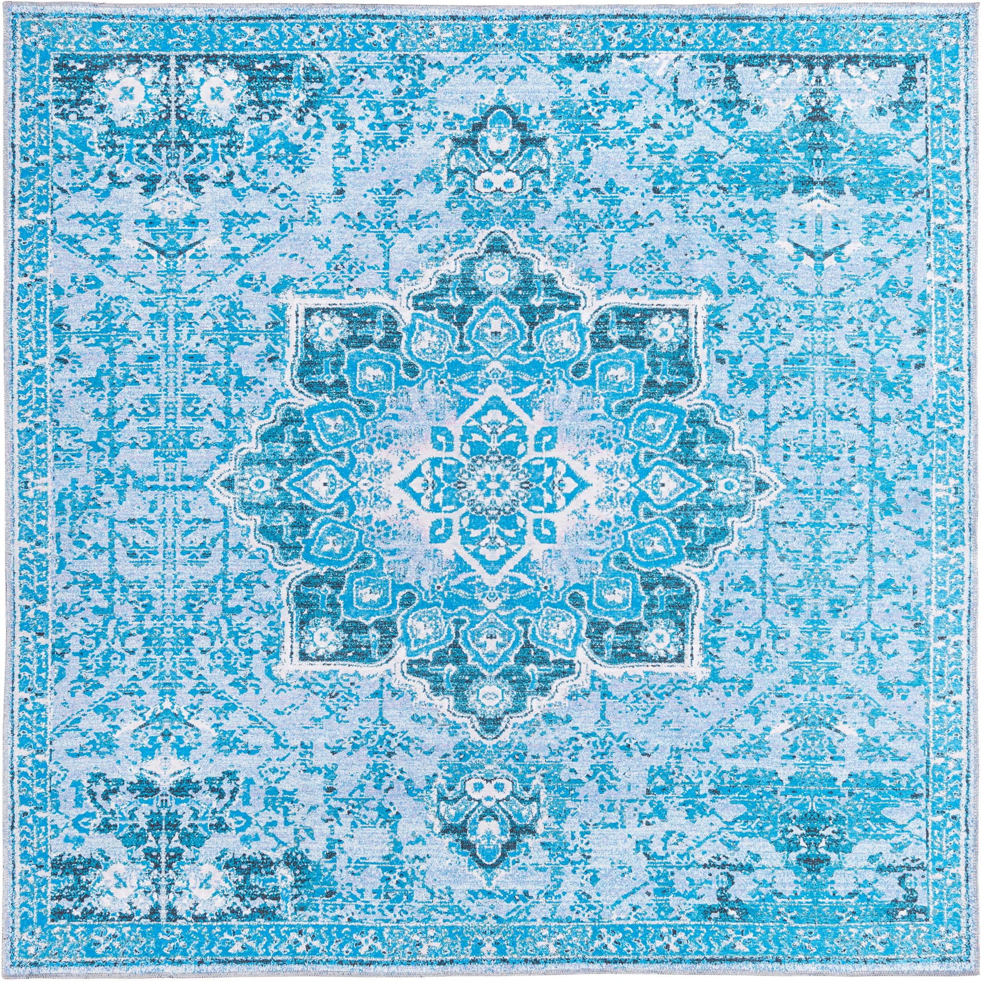 Rugs.com Francesca Collection Washable Rug – 8 Ft Square Aqua Blue ...