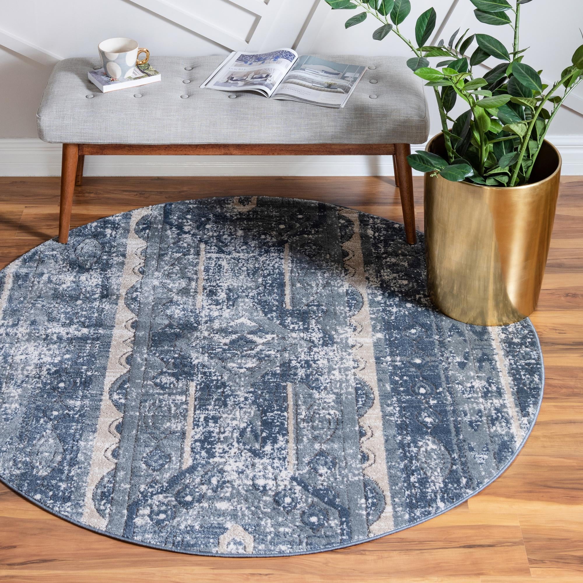 Rugs.com Oregon Collection Rug – 7 Ft Round Blue Low-Pile Rug Perfect ...
