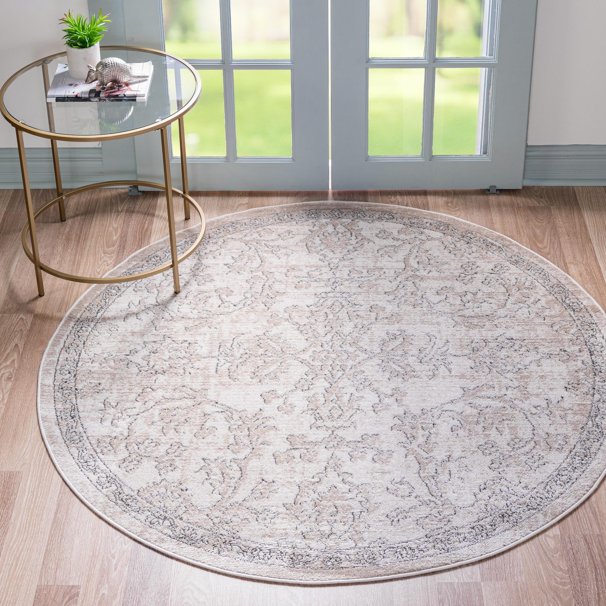 Rugs, Oregon Collection 7 Ft Round Ivory Low-Pile Rug, Geometric ...