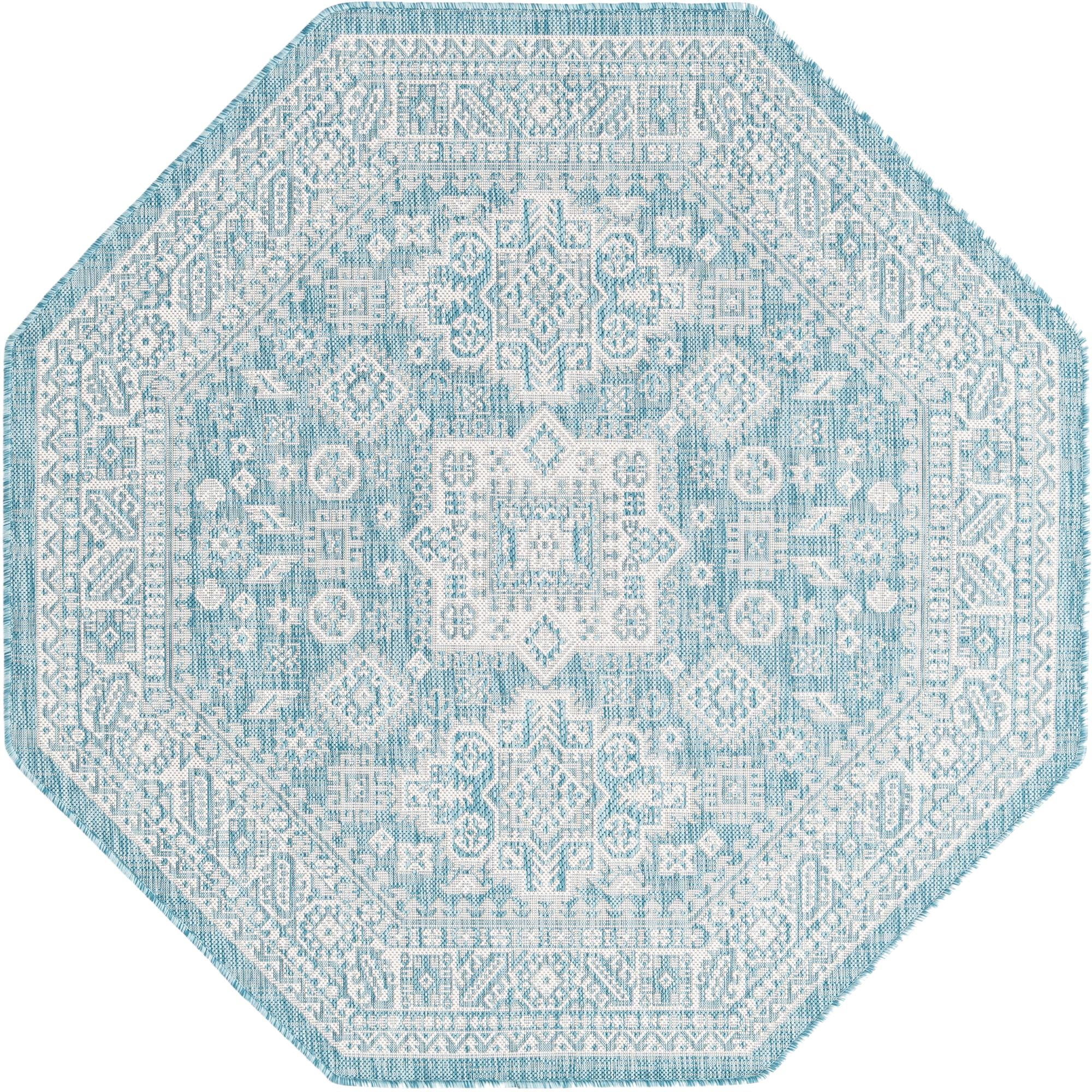 Rugs.com Outdoor Aztec Collection Rug – 5 Ft Octagon Aqua Flatweave Rug ...