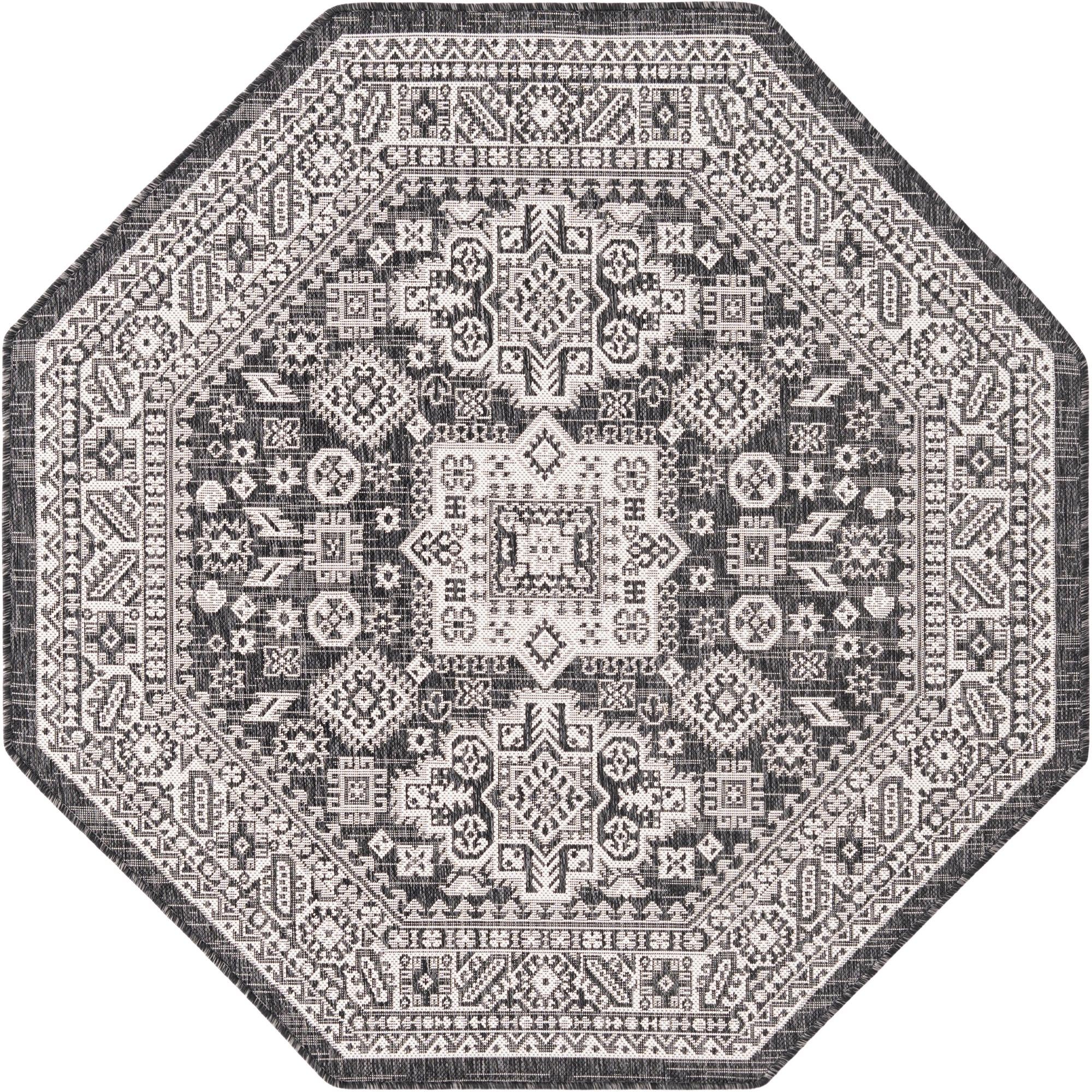 Rugs.com Outdoor Aztec Collection Rug – 5 Ft Octagon Charcoal Gray ...