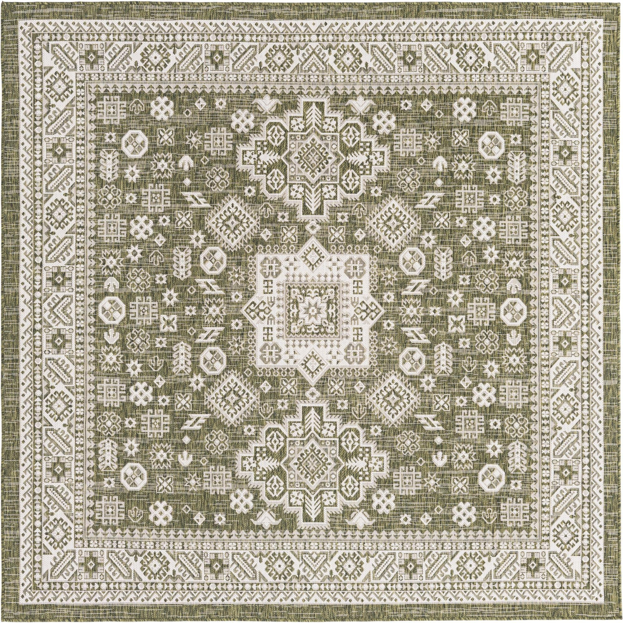 Rugs.com Outdoor Aztec Collection Rug – 8 Ft Square Green Flatweave Rug ...