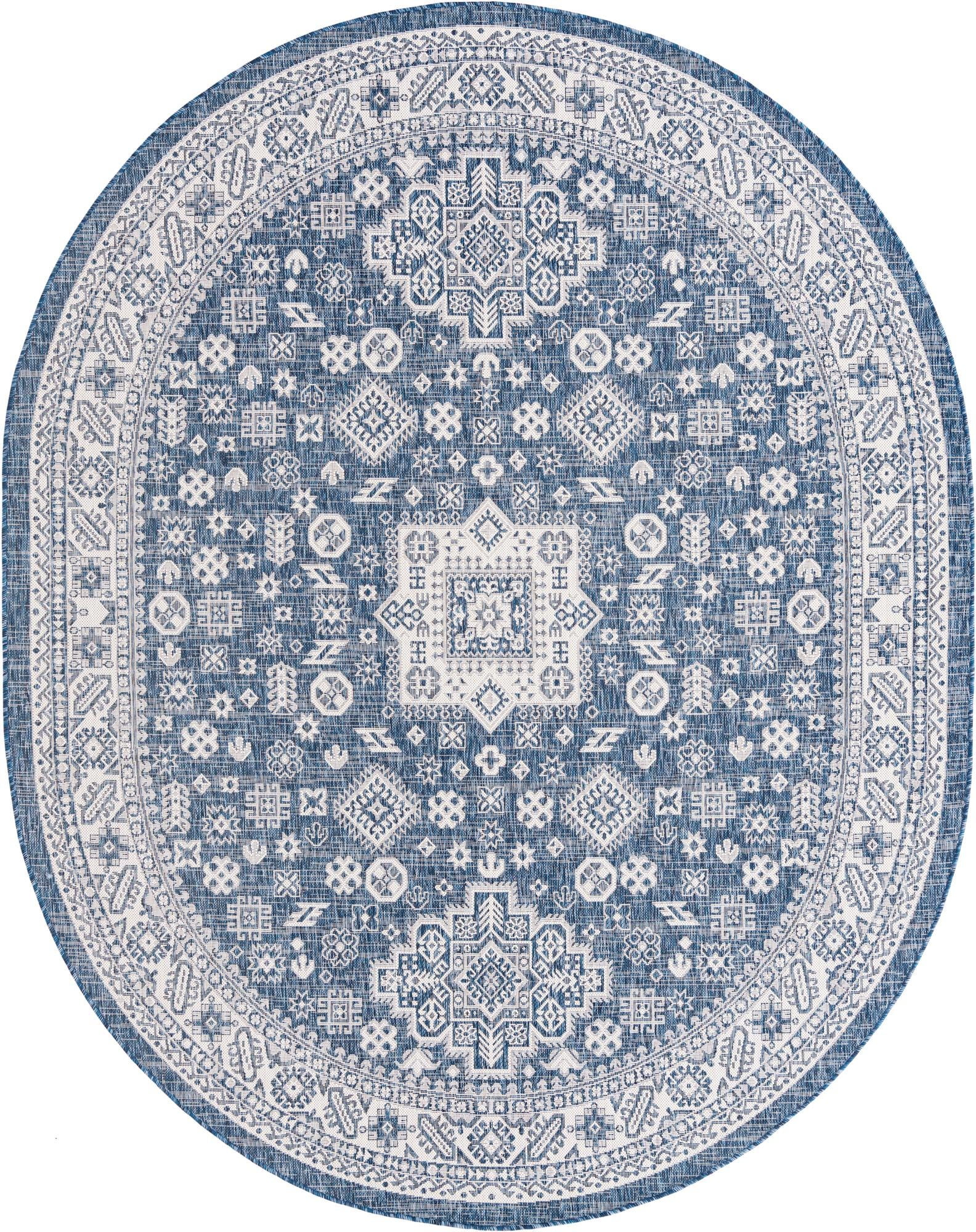 Rugs.com Outdoor Aztec Collection Rug – 8' x 10' Oval Blue Flatweave ...
