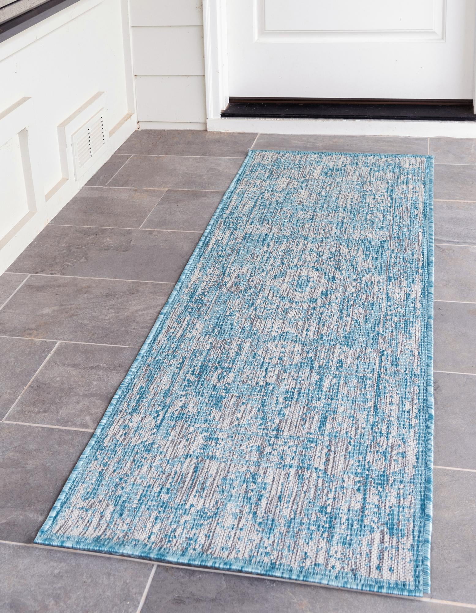Rugs.com Outdoor Traditional Collection Rug – 6 Ft Runner Light Aqua ...