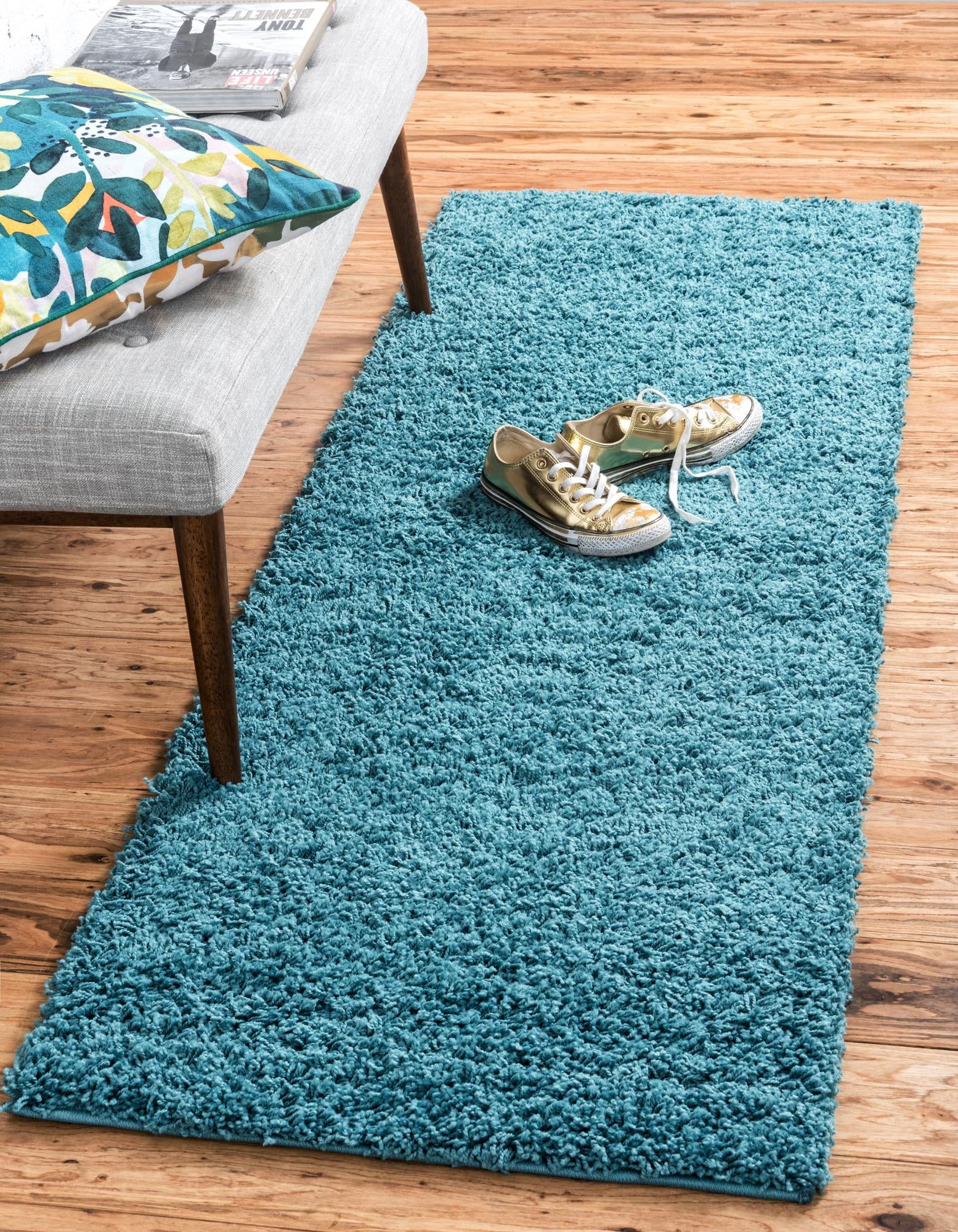 Rugs.com Solid Shag Collection Rug – 16 Ft Runner Deep Aqua Blue Shag ...