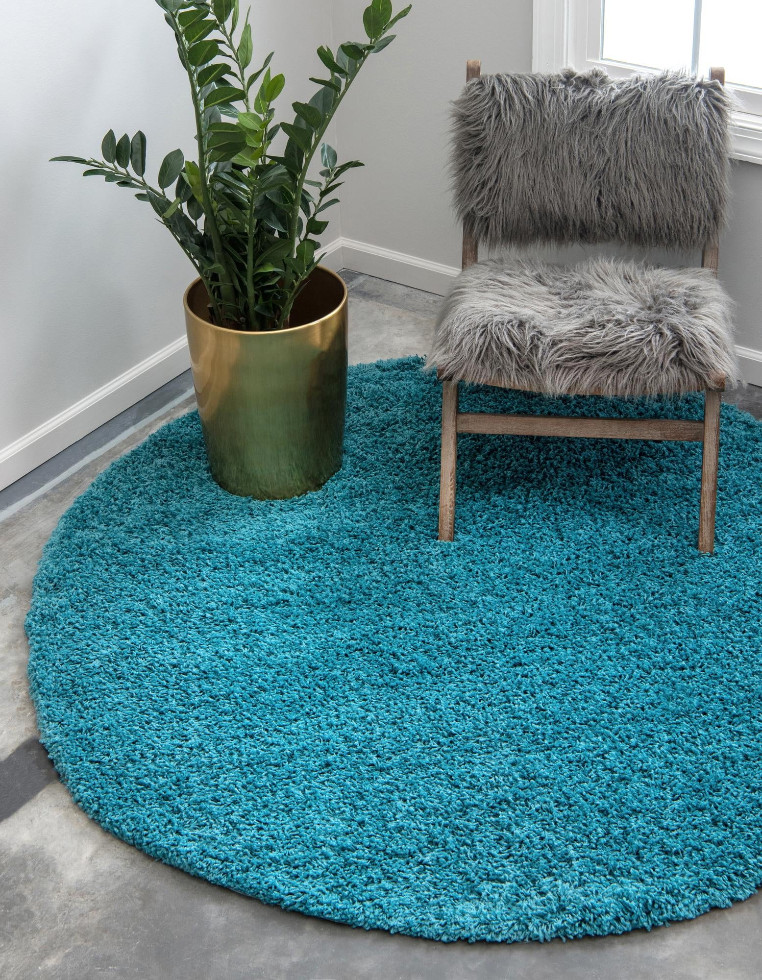 Rugs.com Solid Shag Collection Rug – 3 Ft Round Deep Aqua Blue Shag Rug ...