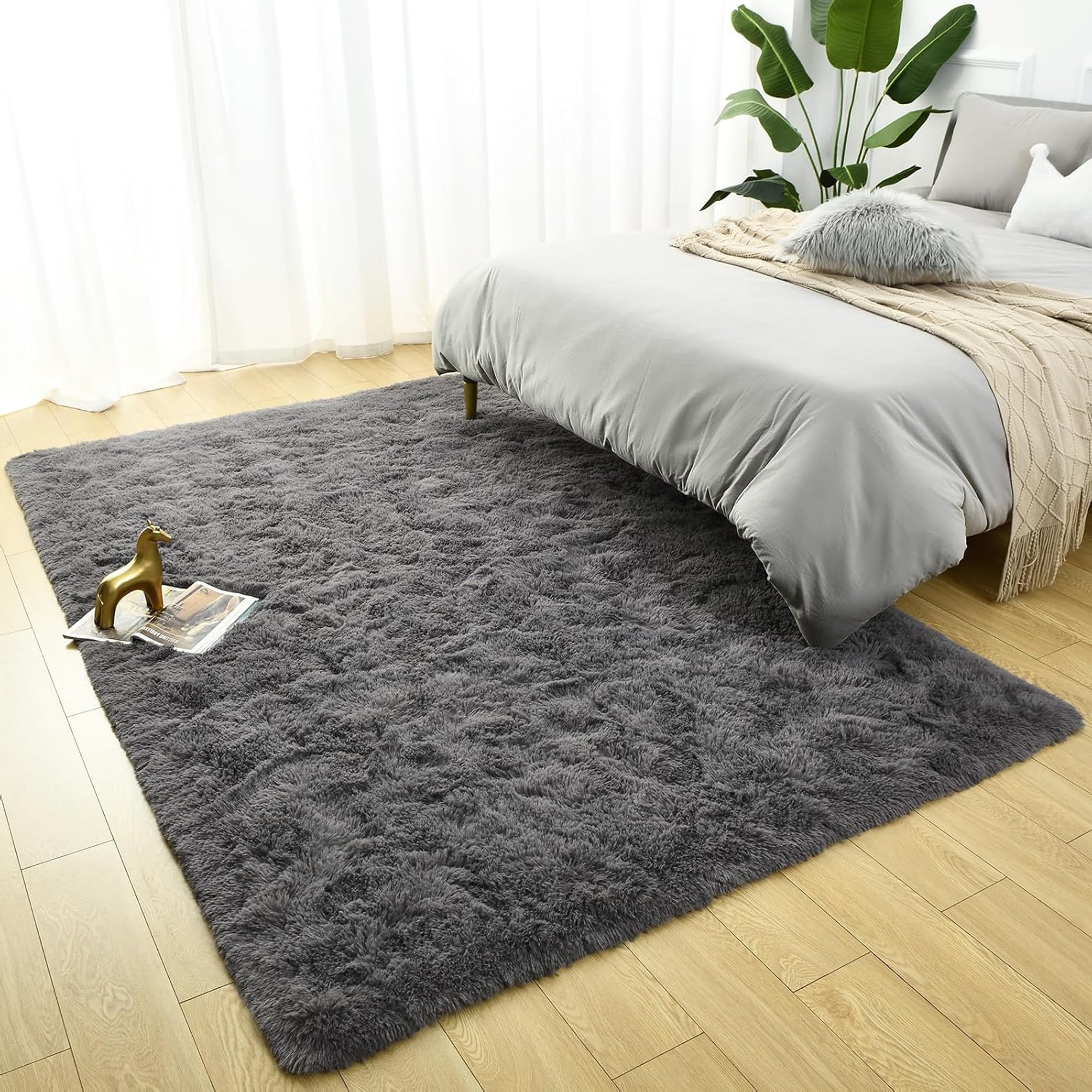 Grey Plush Living Room Rug & Bedroom Fluffy Area Rug, Anti-Skid, 4x6 ...