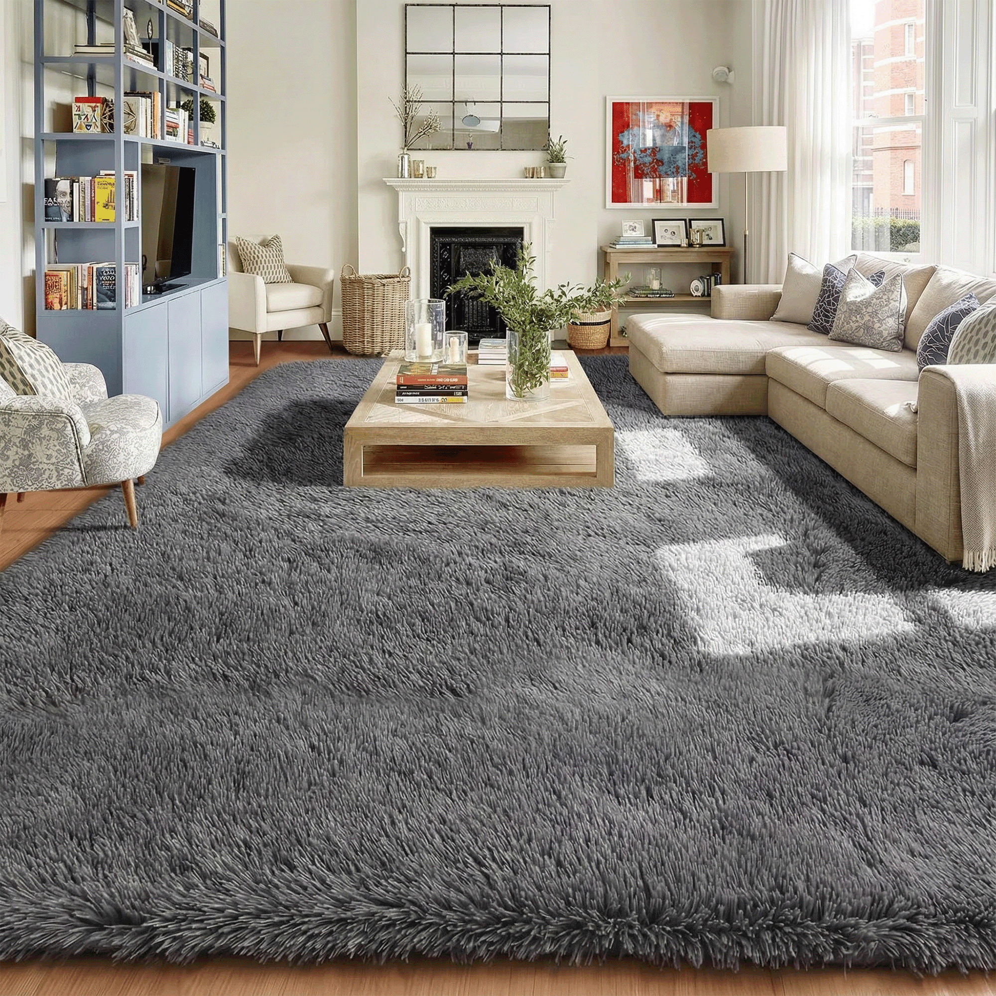 Large Size Fluffy Area Rug for Living Room and Bedroom, 8x10 Feet, Grey ...
