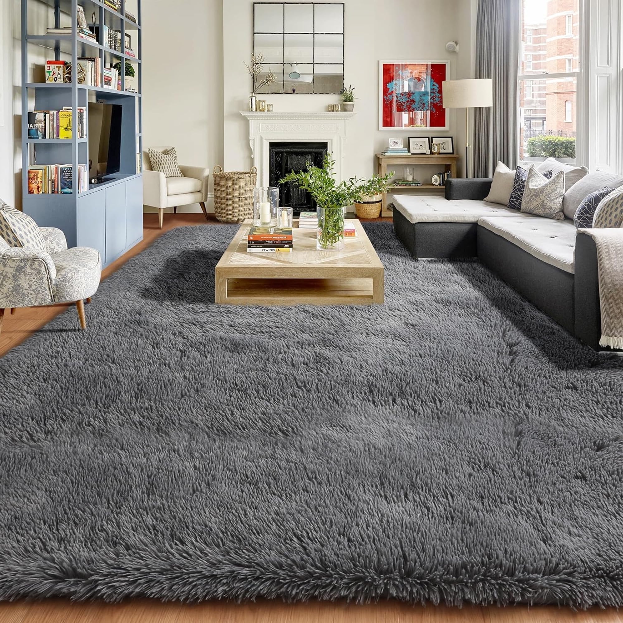 Large Size Fluffy Area Rug for Living Room and Bedroom, 8x10 Feet, Grey ...