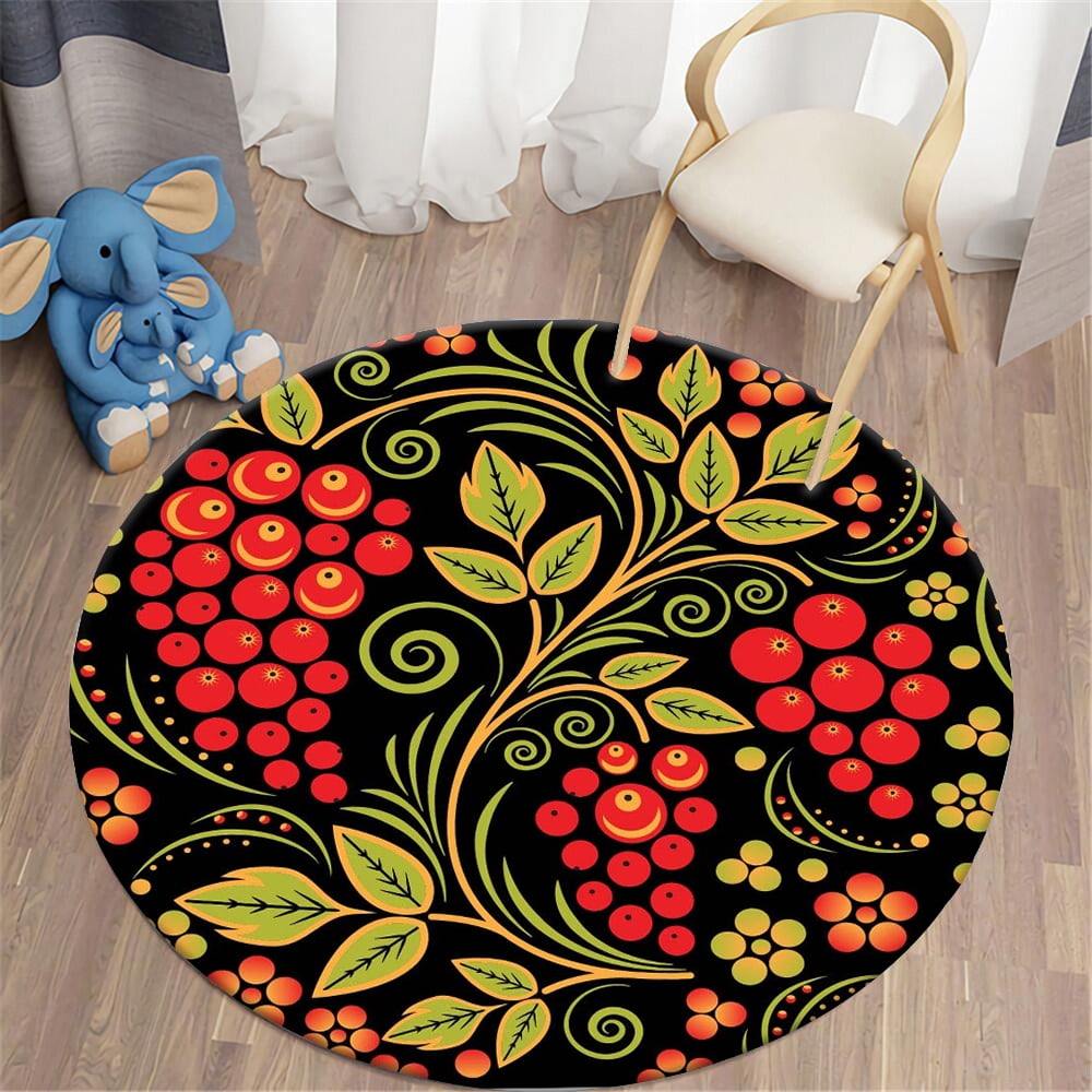 Rugs for Living Room Vintage Flower Fruit 3D Printed Anti-Slip Round ...