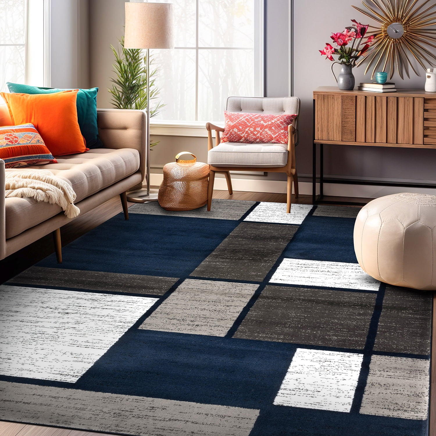 World Rug Gallery Contemporary Modern Boxed Color Block Navy 6'6"x9 ...
