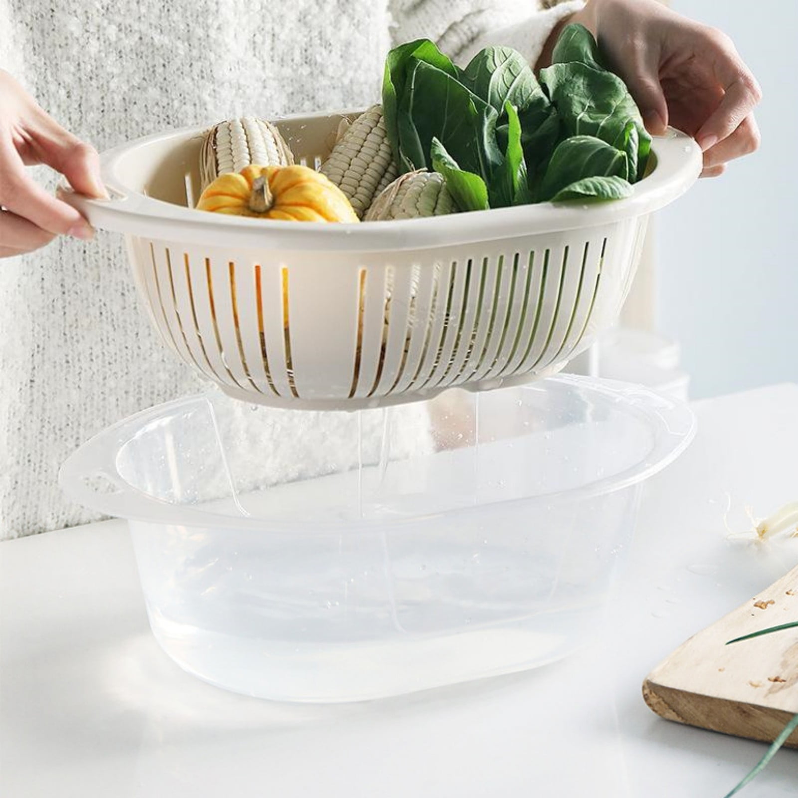 Ruhiku GW Double Layer Drains Basket with Cover Kitchen Fruit and ...