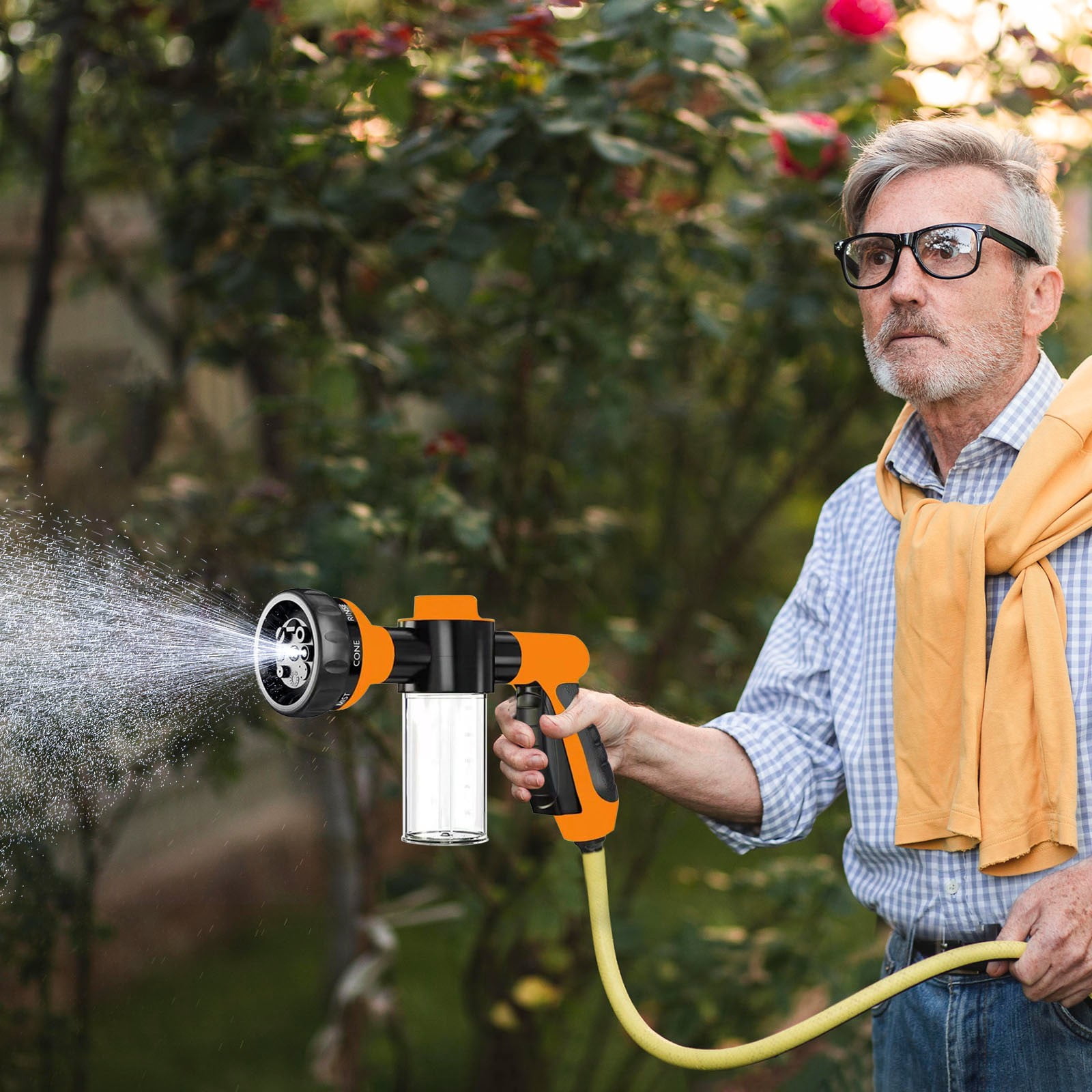 Orange Garden Hose Nozzle, High Pressure Foam Sprayer Gun 8 Way Spray ...